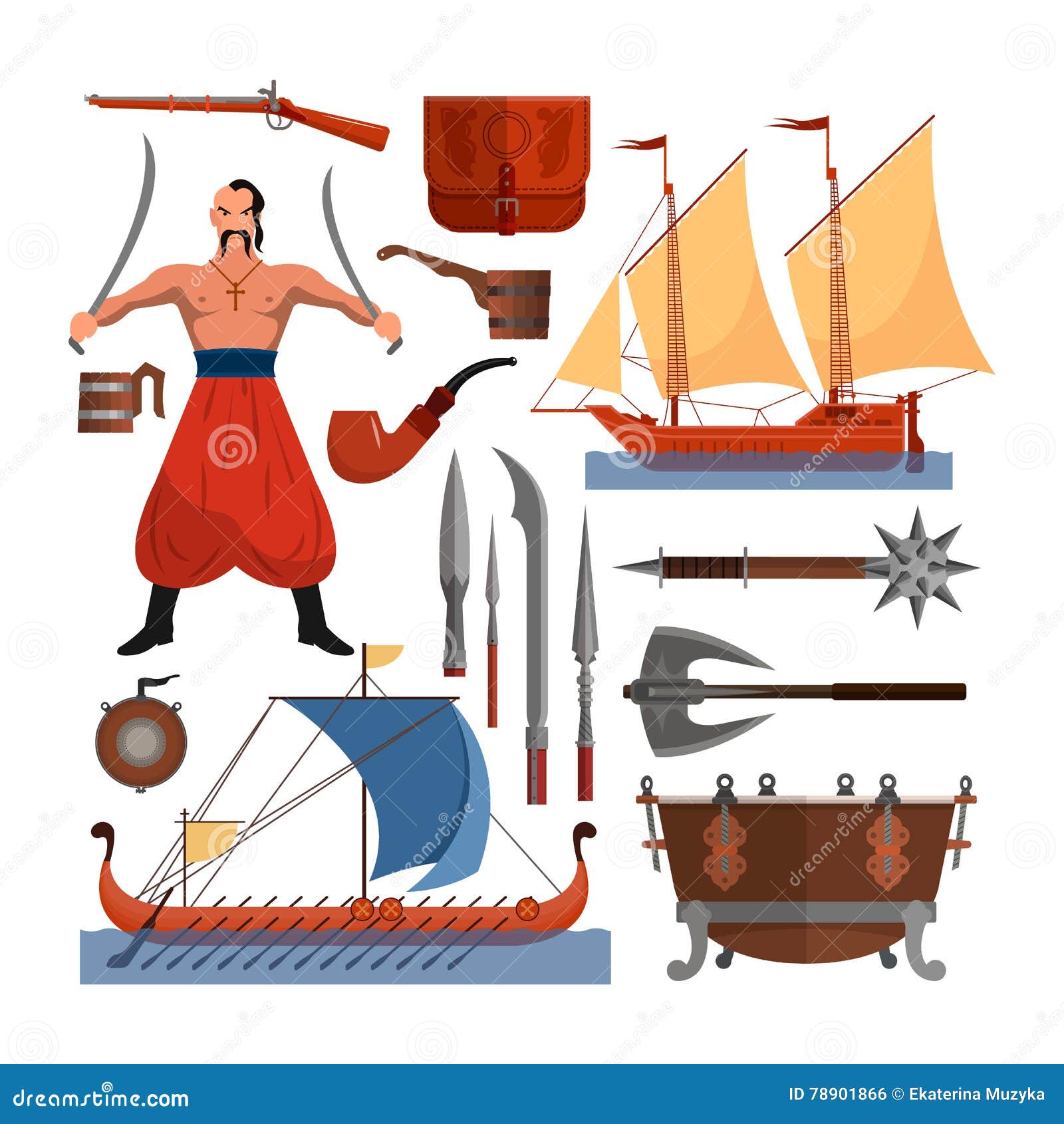 Vector Set Of Cossacks Objects, Icons And Design Elements In Flat Style ...