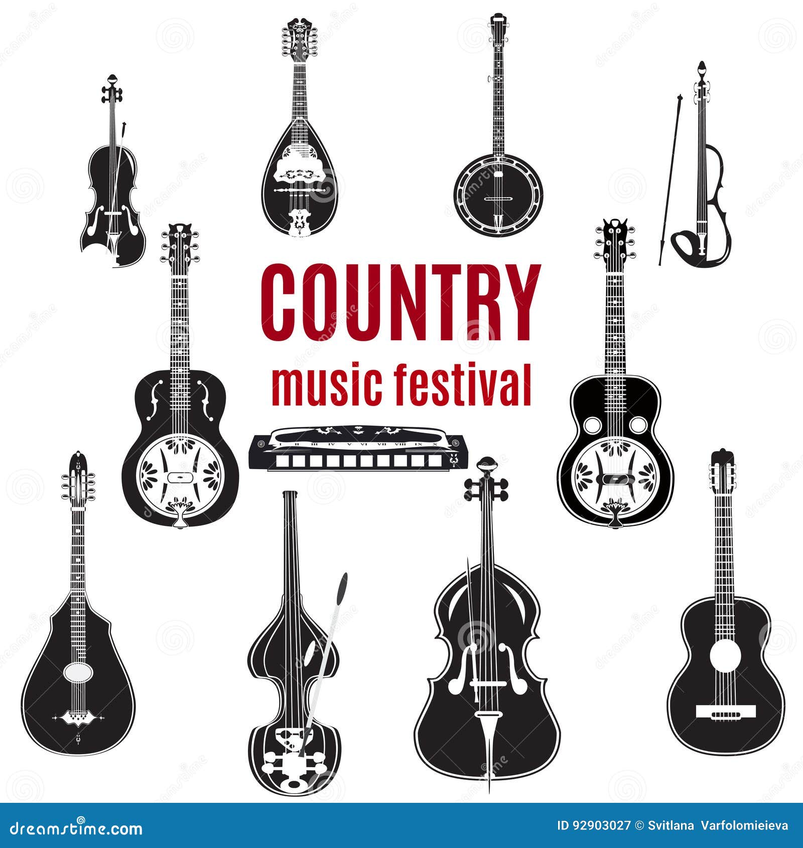 Vector Set of Country Music Instruments, Black and White Flat Design ...