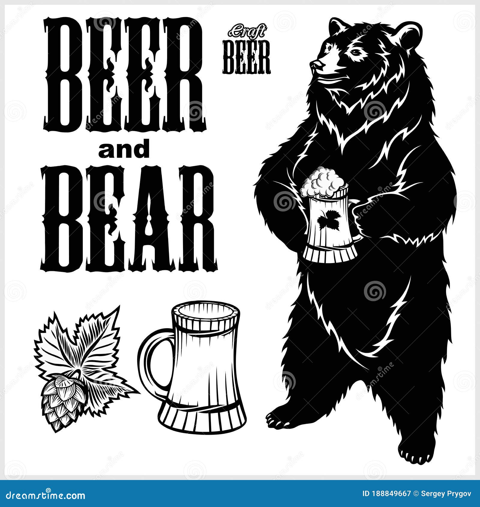 Vector Set for Craft Beer - Beer and Bear in Hand Drawn Style. Isolated ...