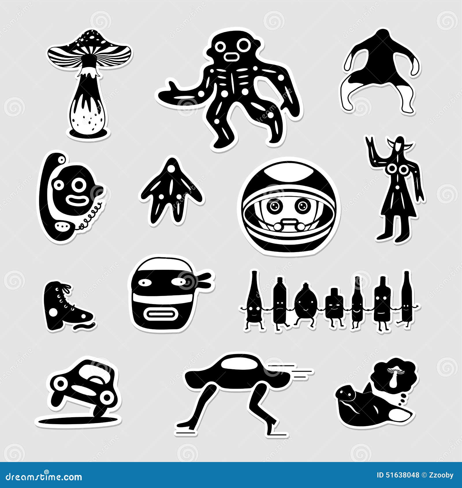 Vector Set of Crazy Bizarre Black and White Stickers. Stock Vector ...