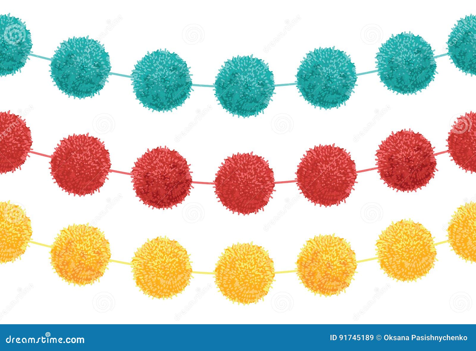 Vector Set of 3 Cute Birthday Party Pom Poms on Strings Horizontal ...