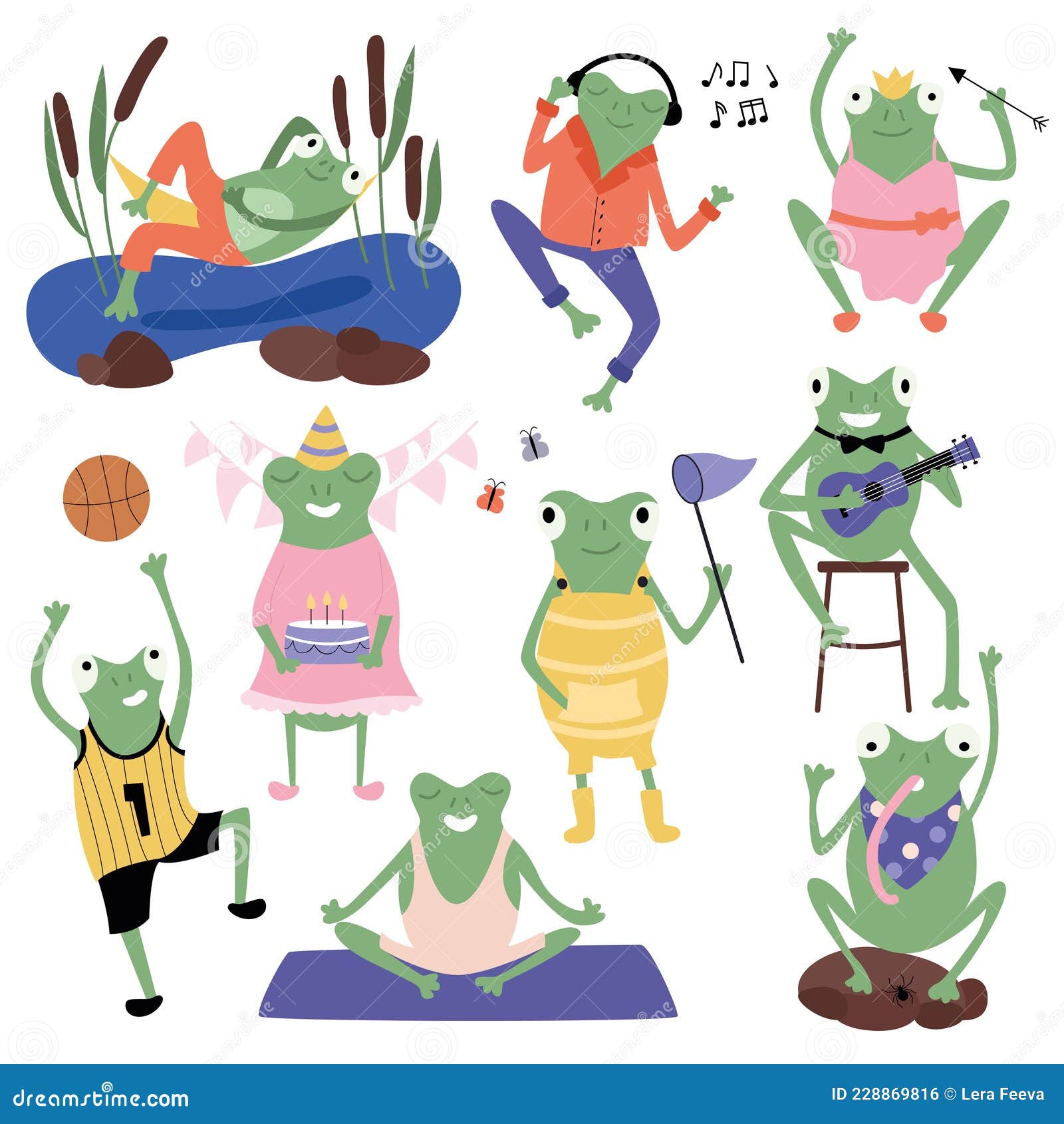 Vector Set Of Cute Cartoon Green Toads In Clothes And Different Poses ...