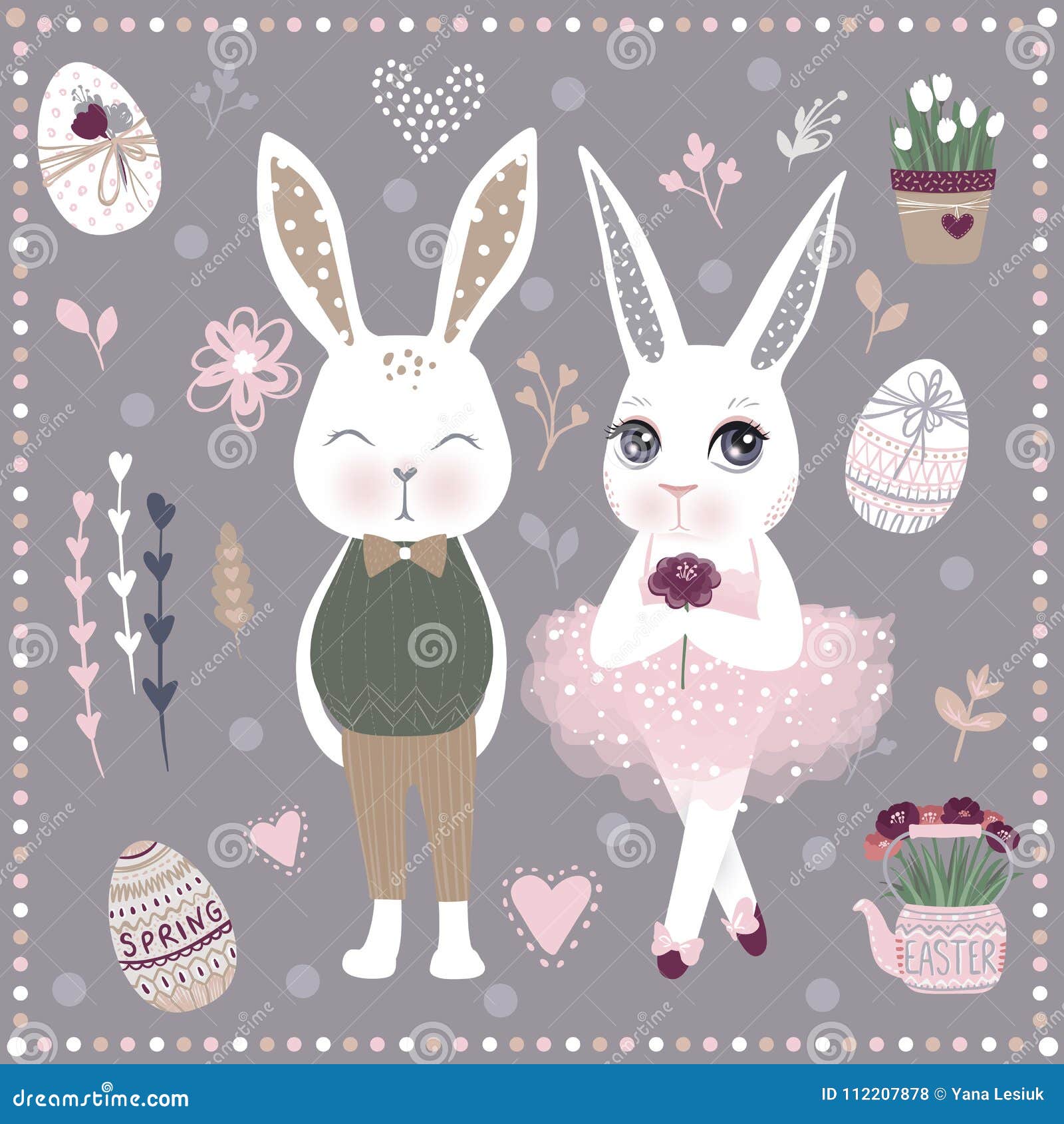 Vector Set of Cute Happy Easter Cartoon Characters and Design El Stock ...