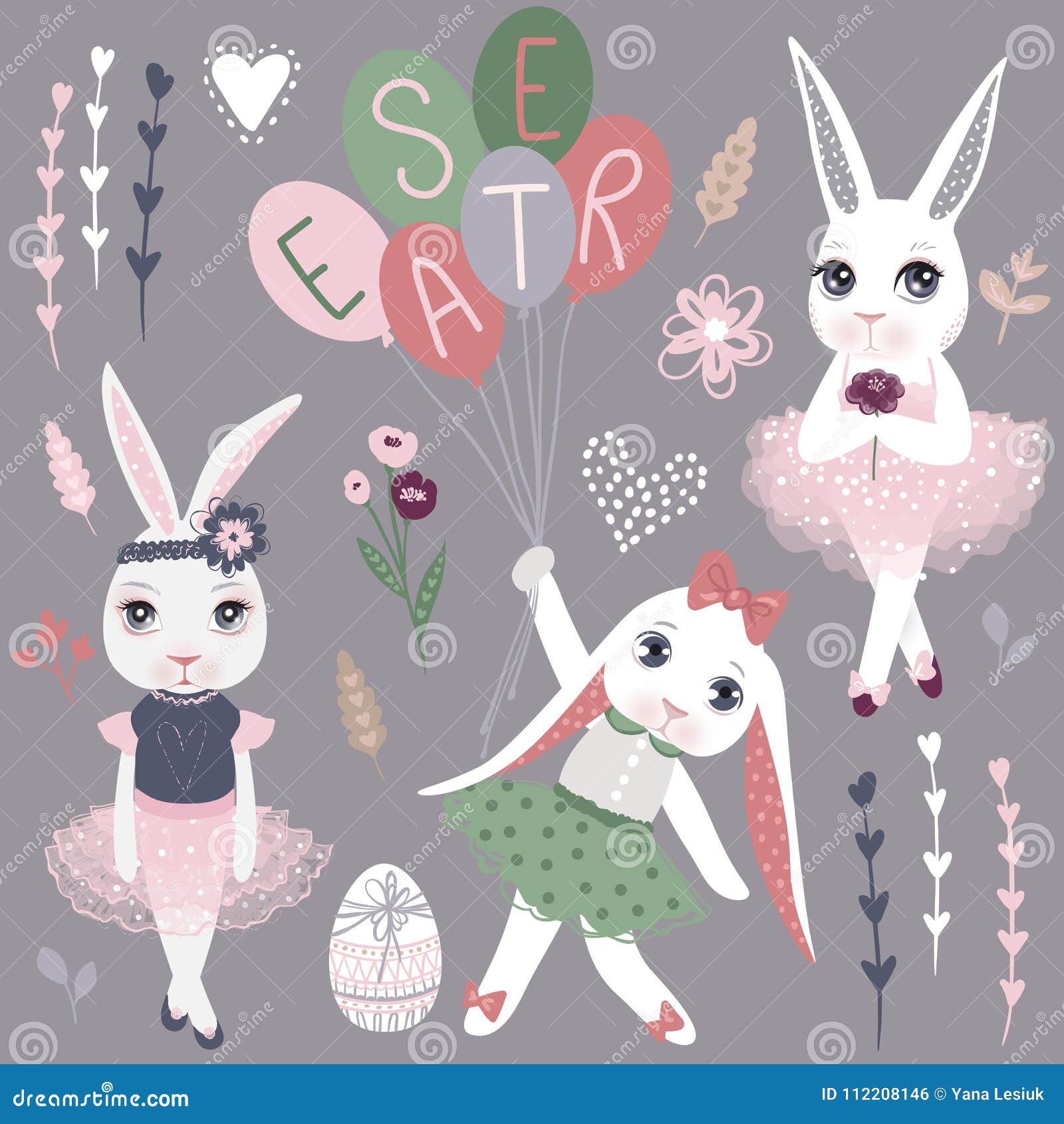 Vector Set of Cute Happy Easter Cartoon Characters and Design El Stock ...