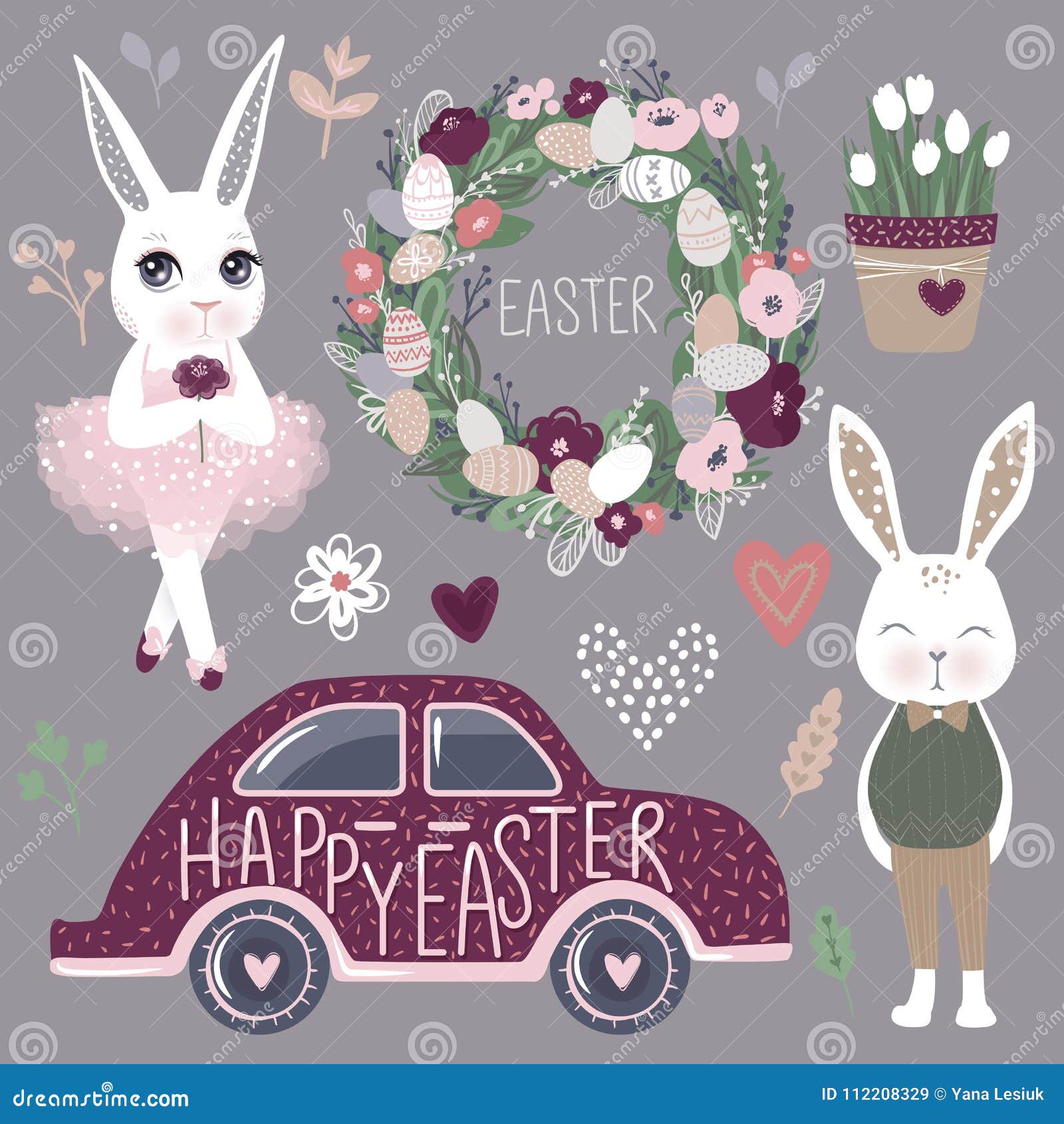 Vector Set of Cute Happy Easter Cartoon Characters and Design El Stock ...