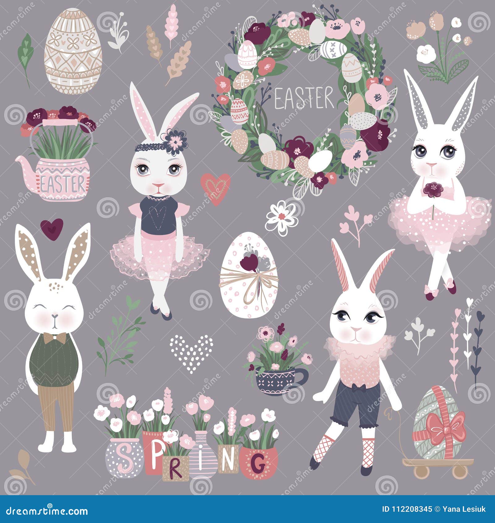 Vector Set of Cute Happy Easter Cartoon Characters and Design El Stock ...