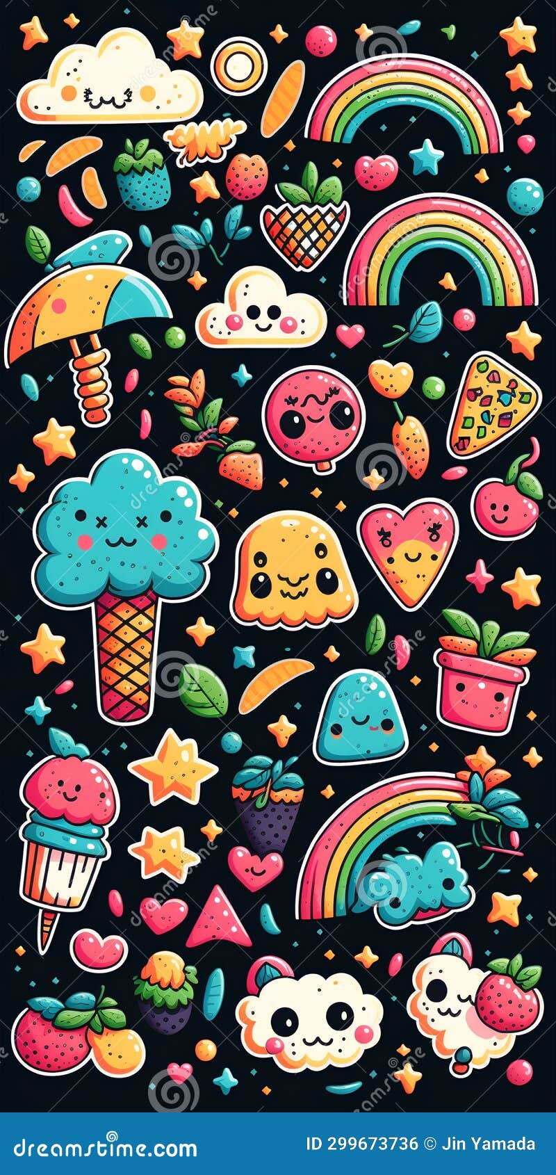Vector Set of Cute Kawaii Cartoon Kawaii Summer Elements and Objects ...
