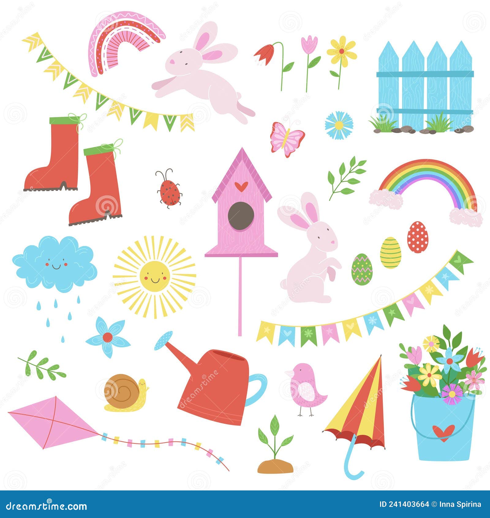 Vector Set of Cute Spring Cartoon Animals, Plants and Decorations ...