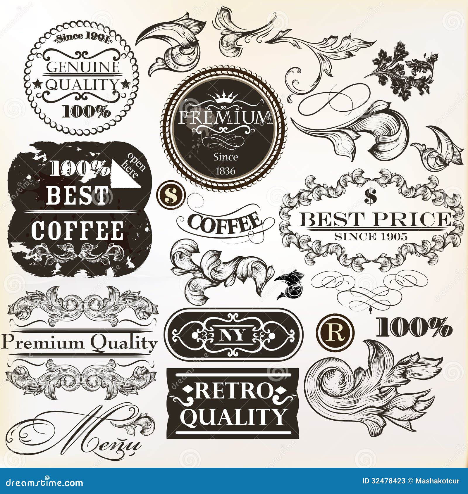 Vector Set of Decorative Elements and Labels in Retro Style Stock ...