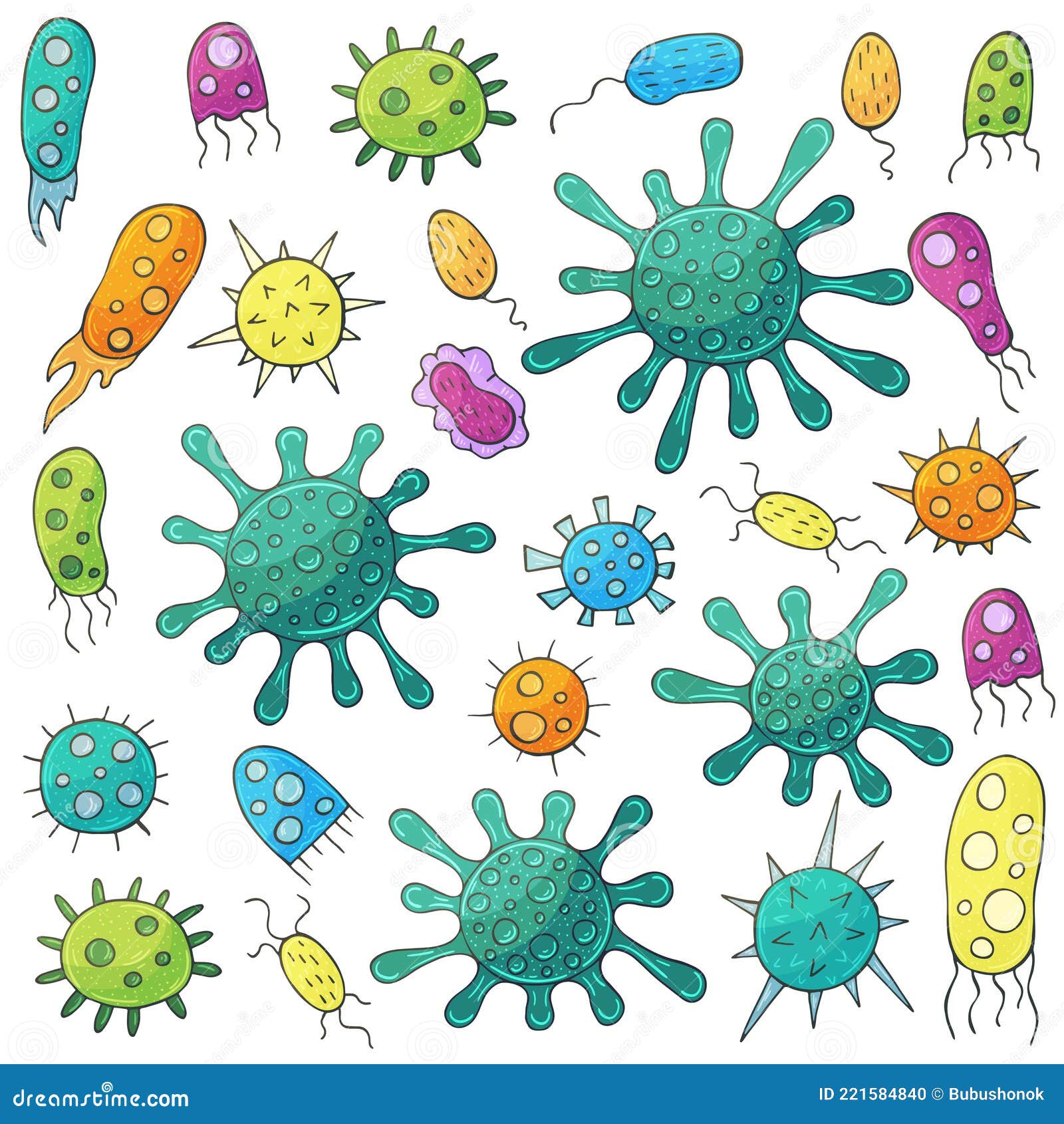 Vector Set of Design Elements. Set of Cartoon Microbes in Hand Draw ...