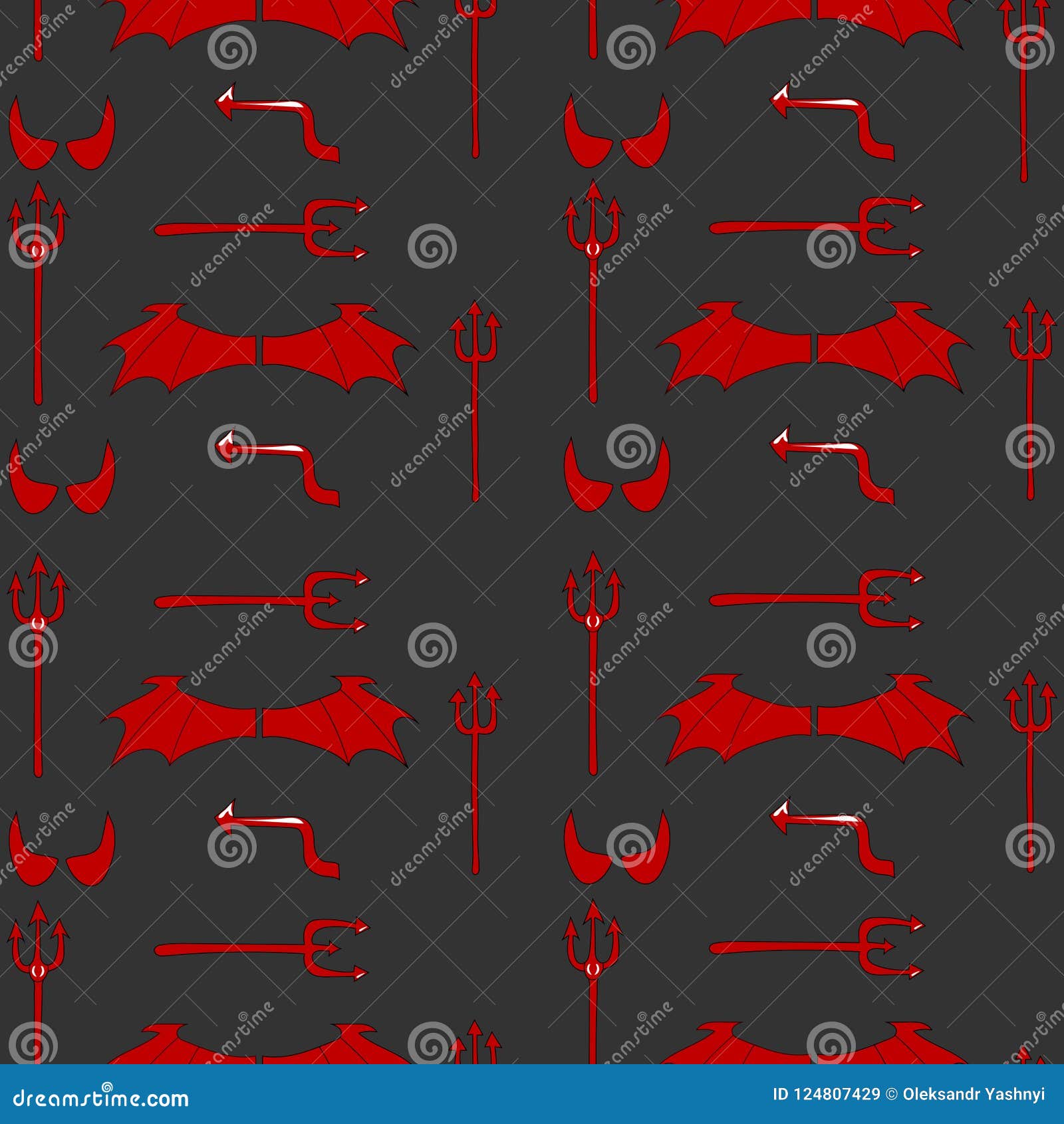 Seamless Pattern with Devil Elements. Red Devil Horn, Tail, Trident ...