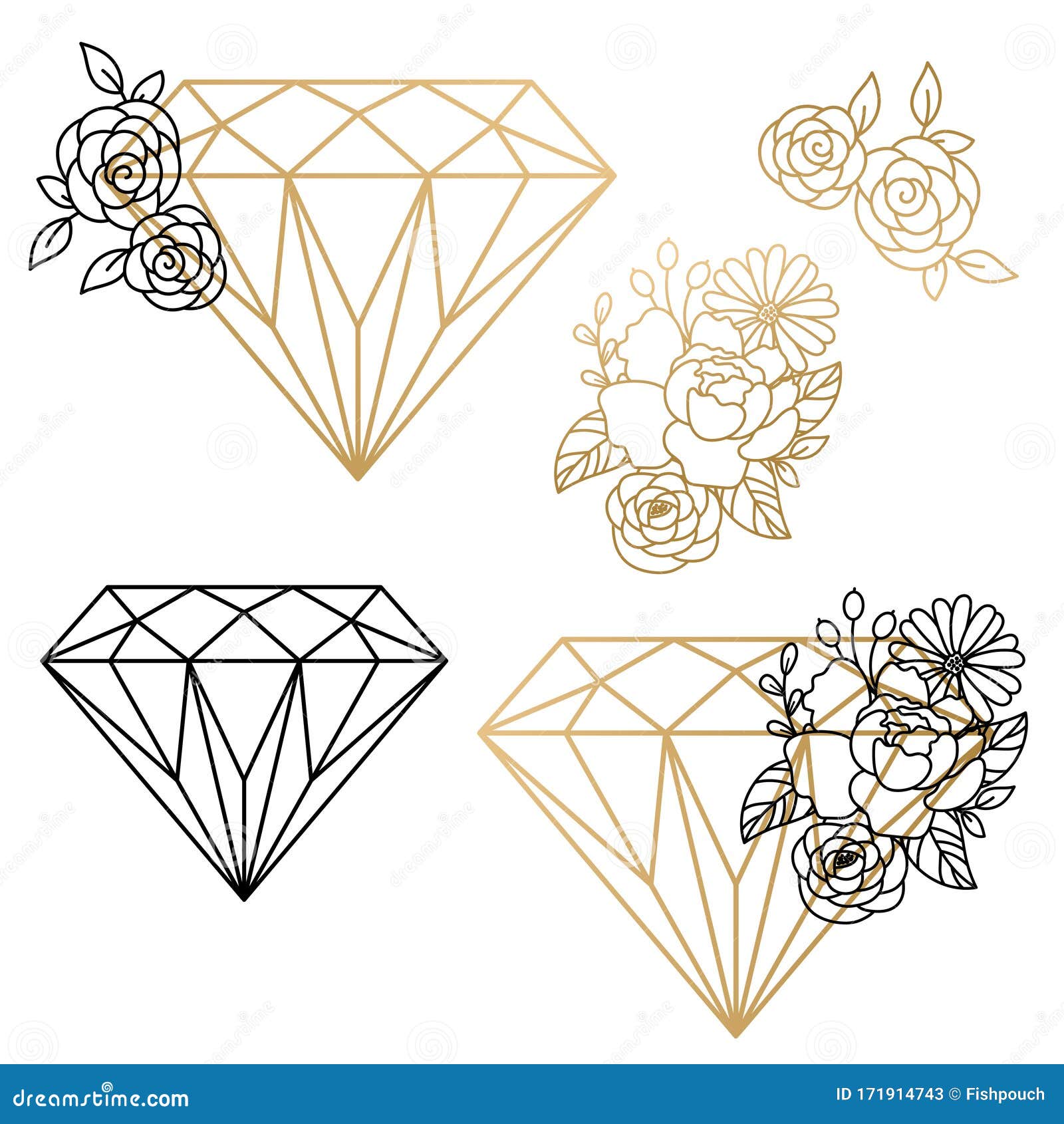 Vector Set of Diamond Design Elements and Flower Compositions. Stock ...