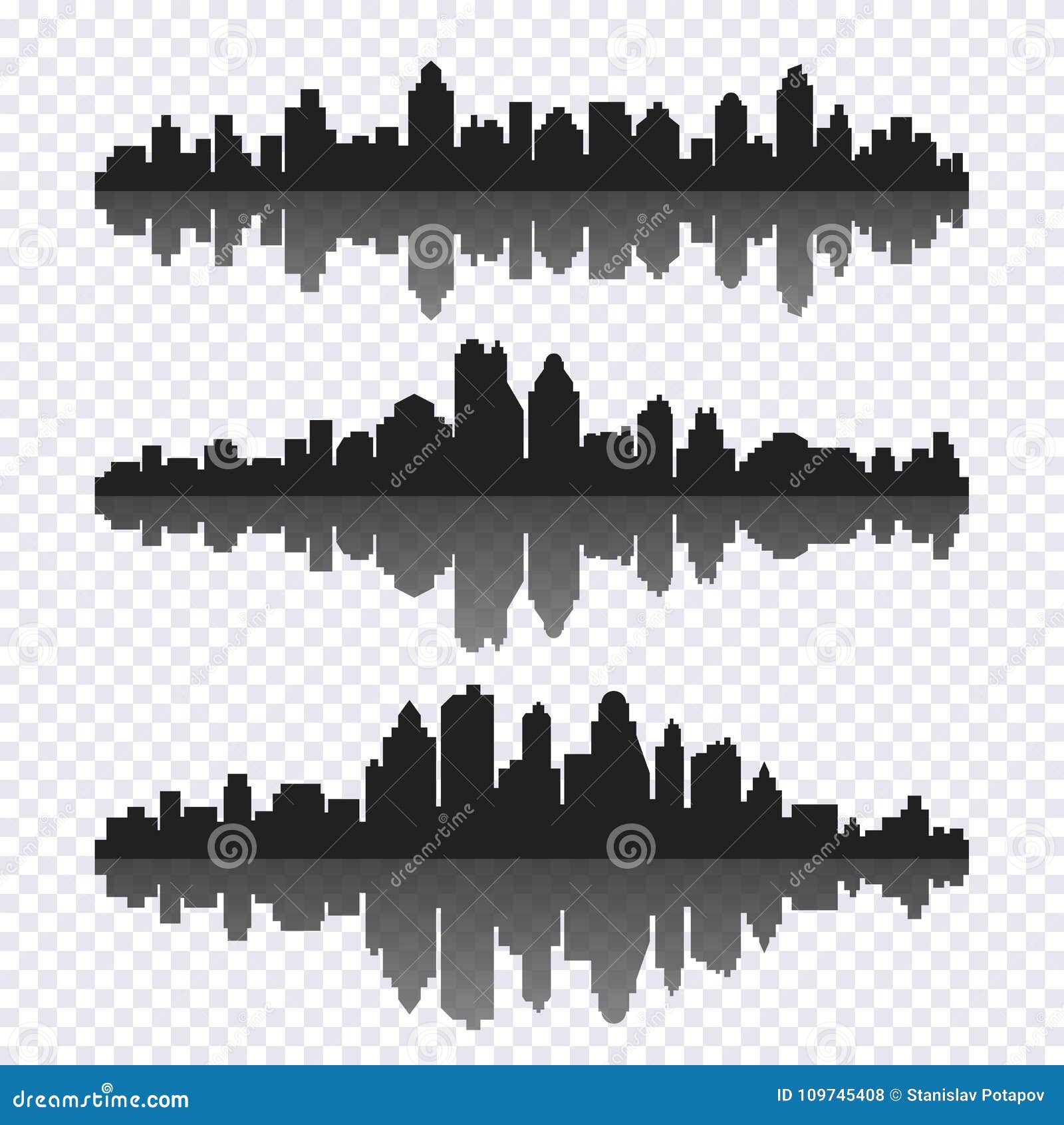 Vector Set of Different Black Horizontal Cityscape with Reflection ...