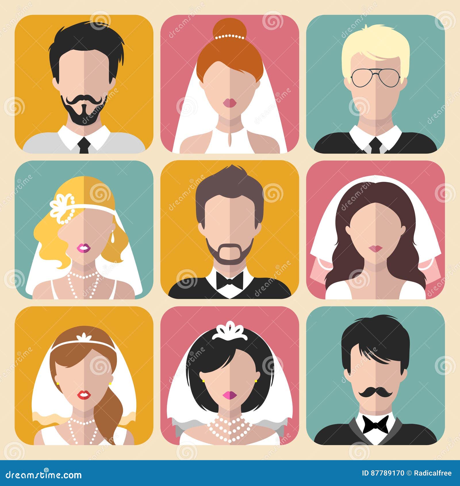 Vector Set of the Different Brides and Grooms App Icons in Trendy Flat Style. Stock Vector ...
