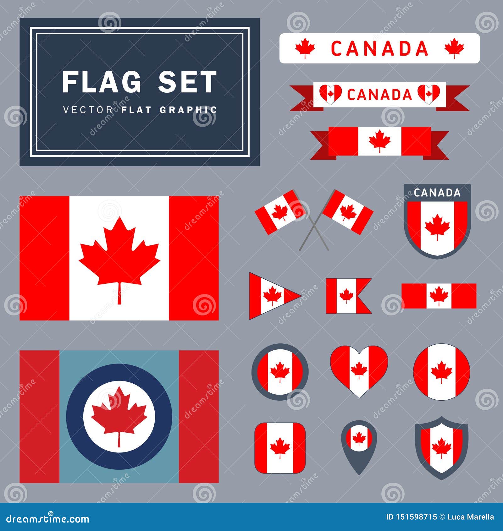 Vector Set of 16 Different Canada Flag Related Illustrations Stock ...
