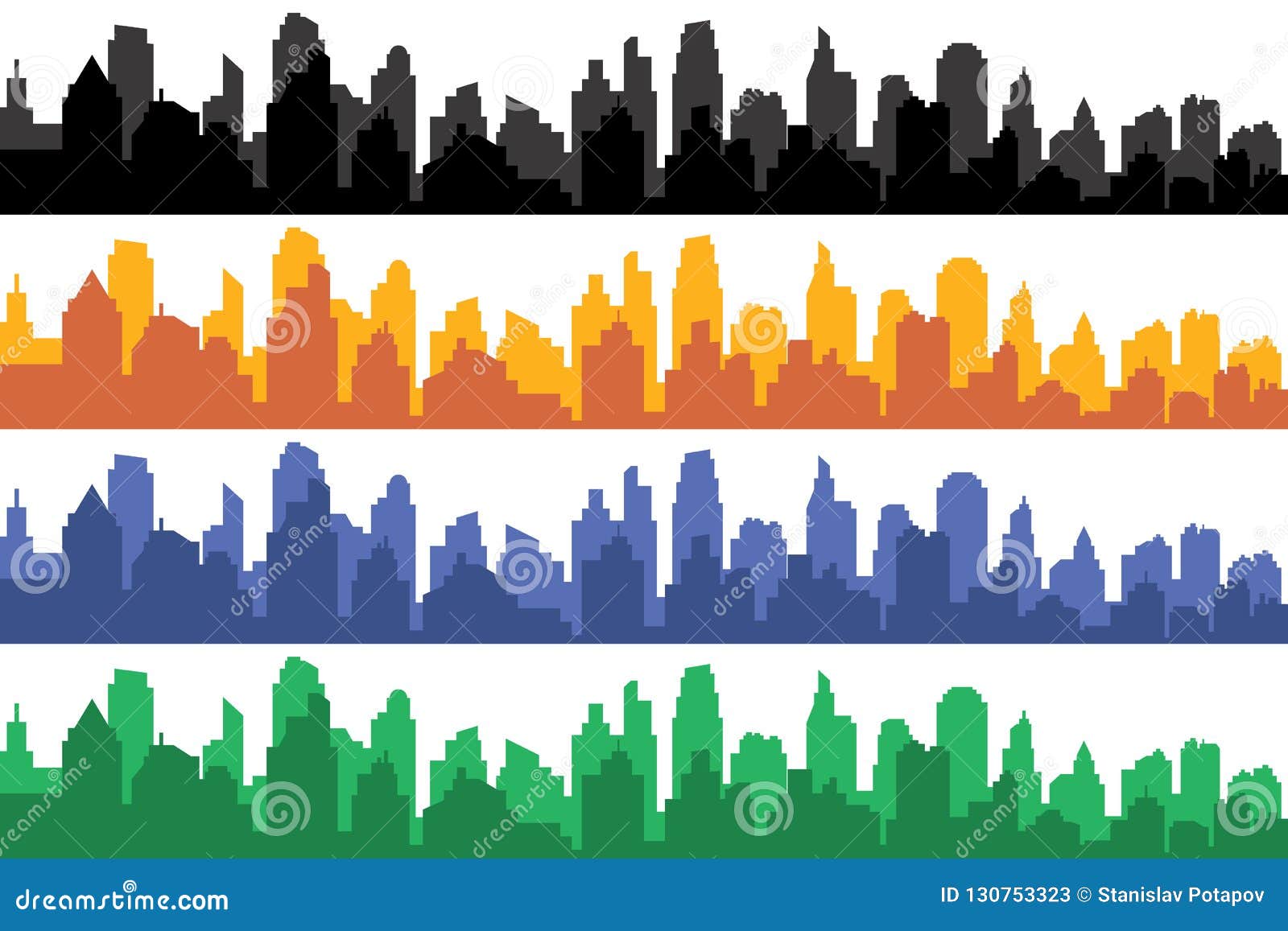 Set Of Stylized Cityscapes, Architecture, Silhouettes Of Buildings ...