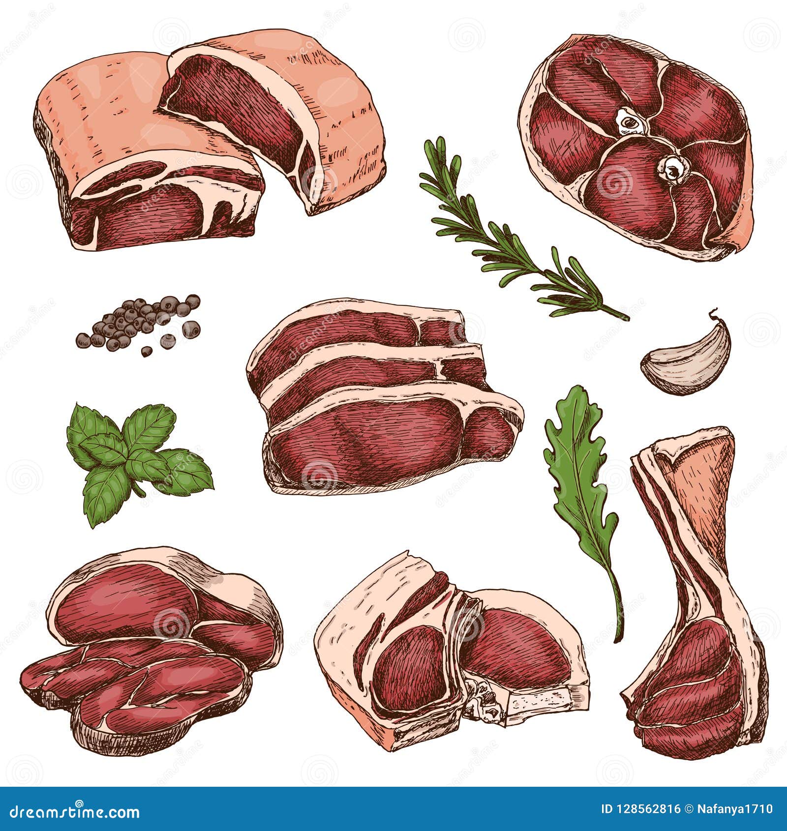 Vector Set of Different Color Meats in Sketch Style Stock Vector ...