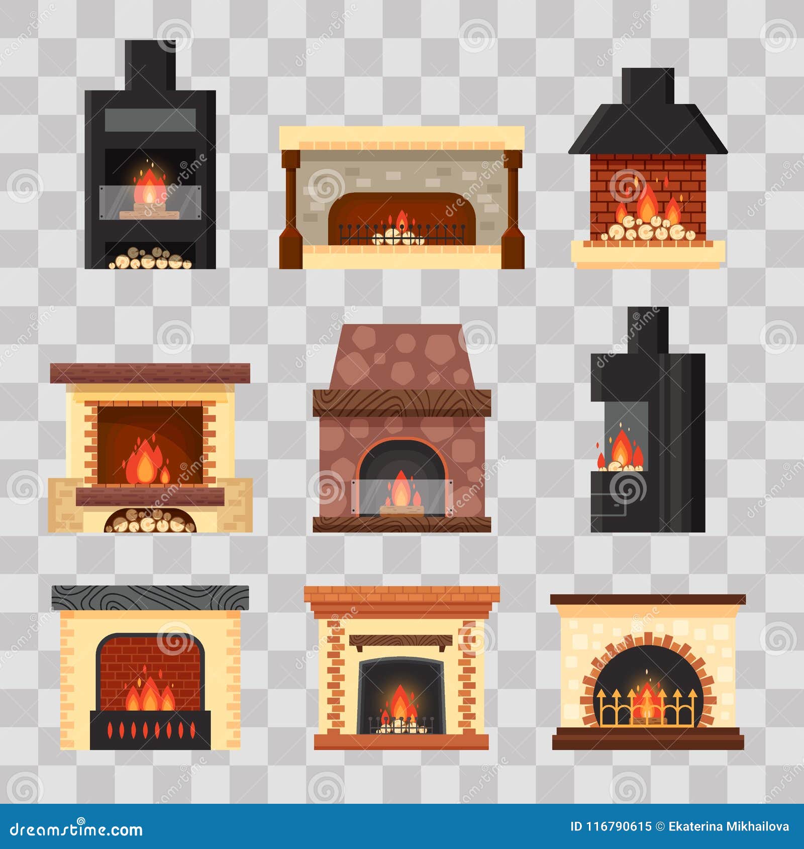 Vector Set Different Colorful Home Fireplaces With Fire And Firewood On ...