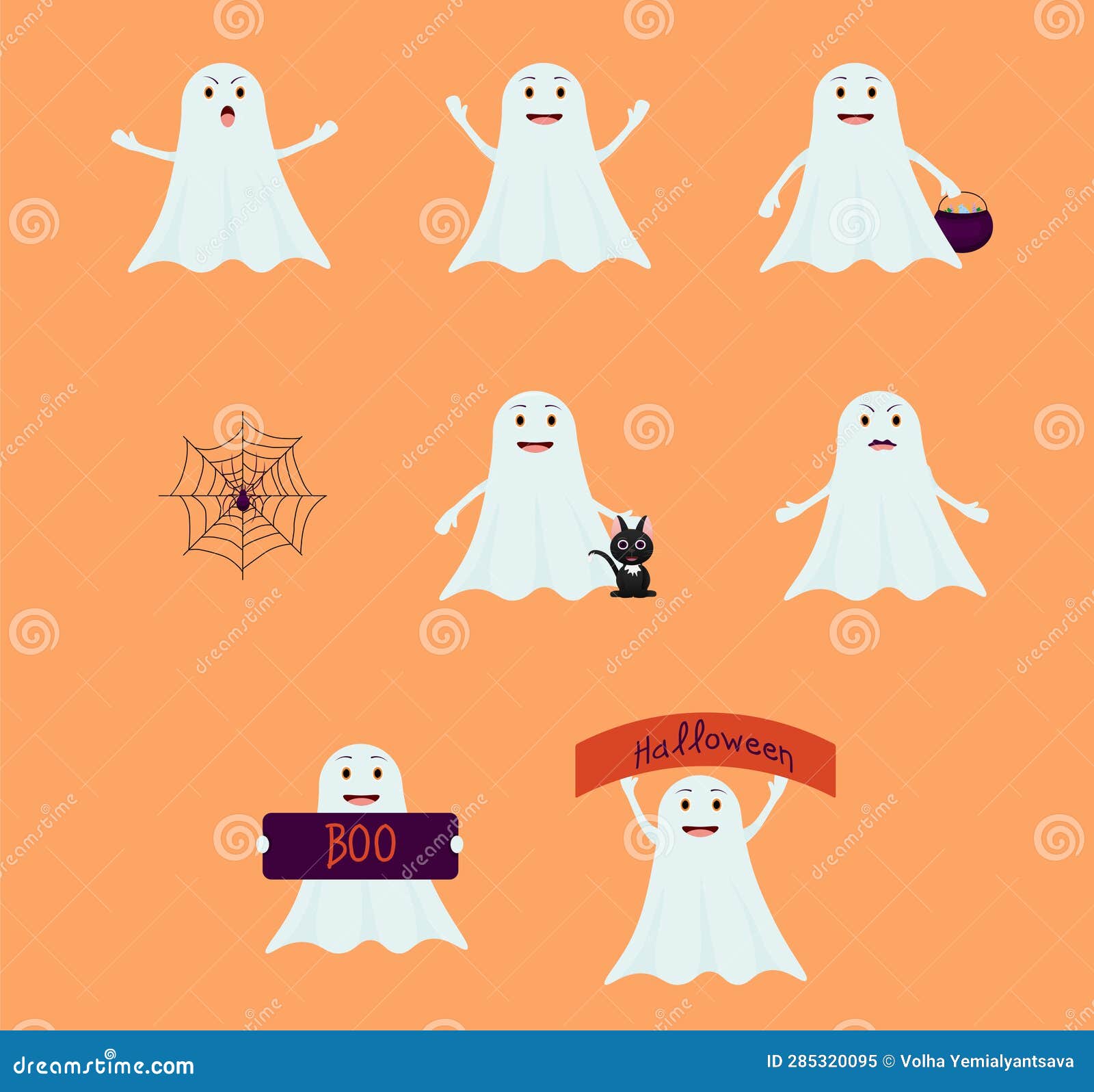 Vector Set with Different Cute Ghosts. Characters To Print. Halloween ...