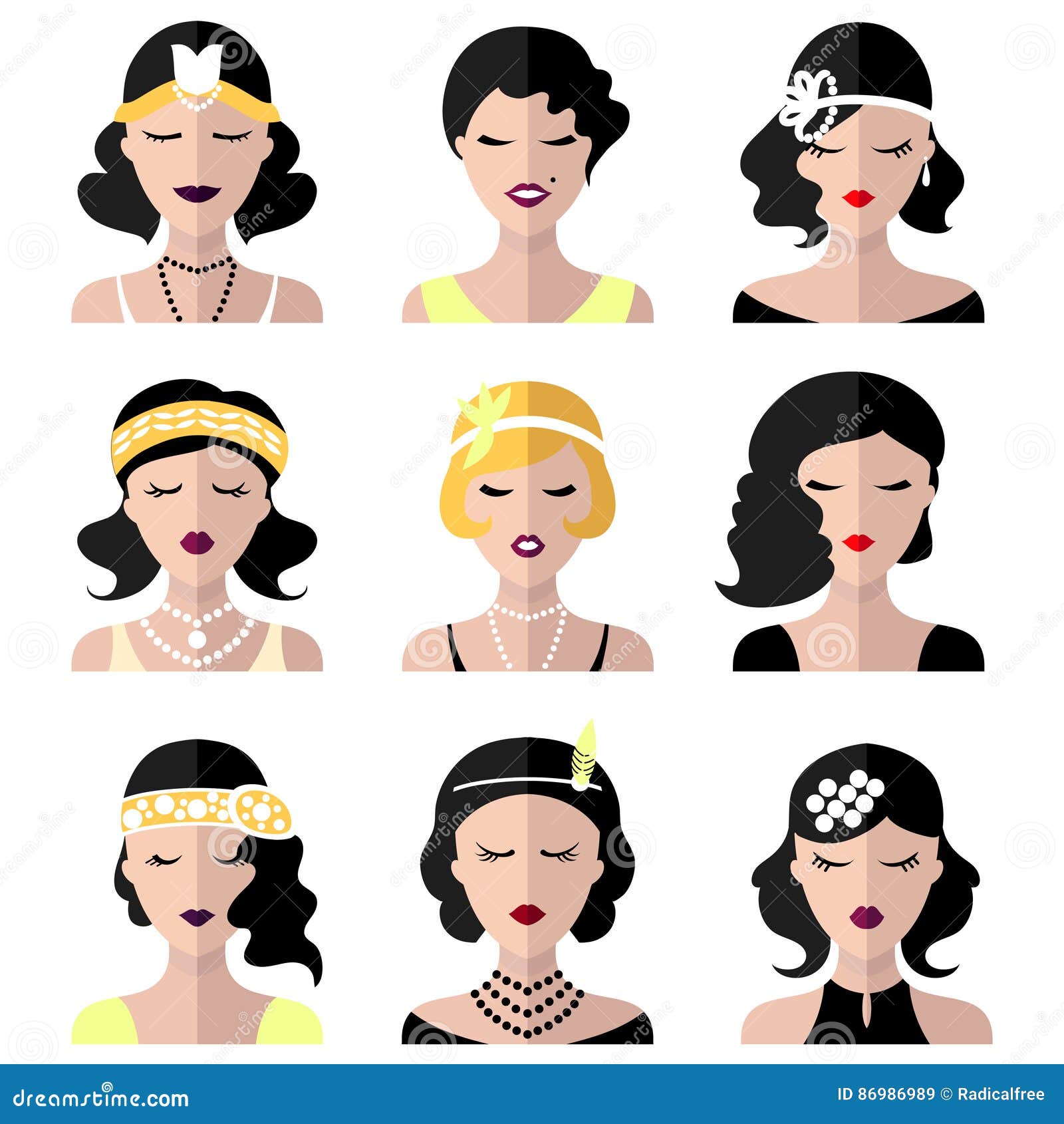Vector Set of Different Flapper Girls Icons in Modern Flat Style. Stock ...