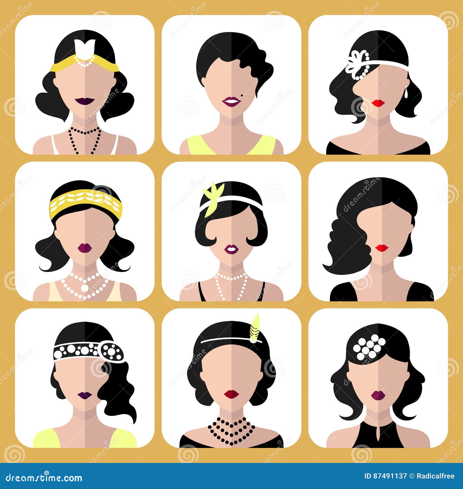 Vector Set of Different Flapper Girls Icons in Modern Flat Style ...