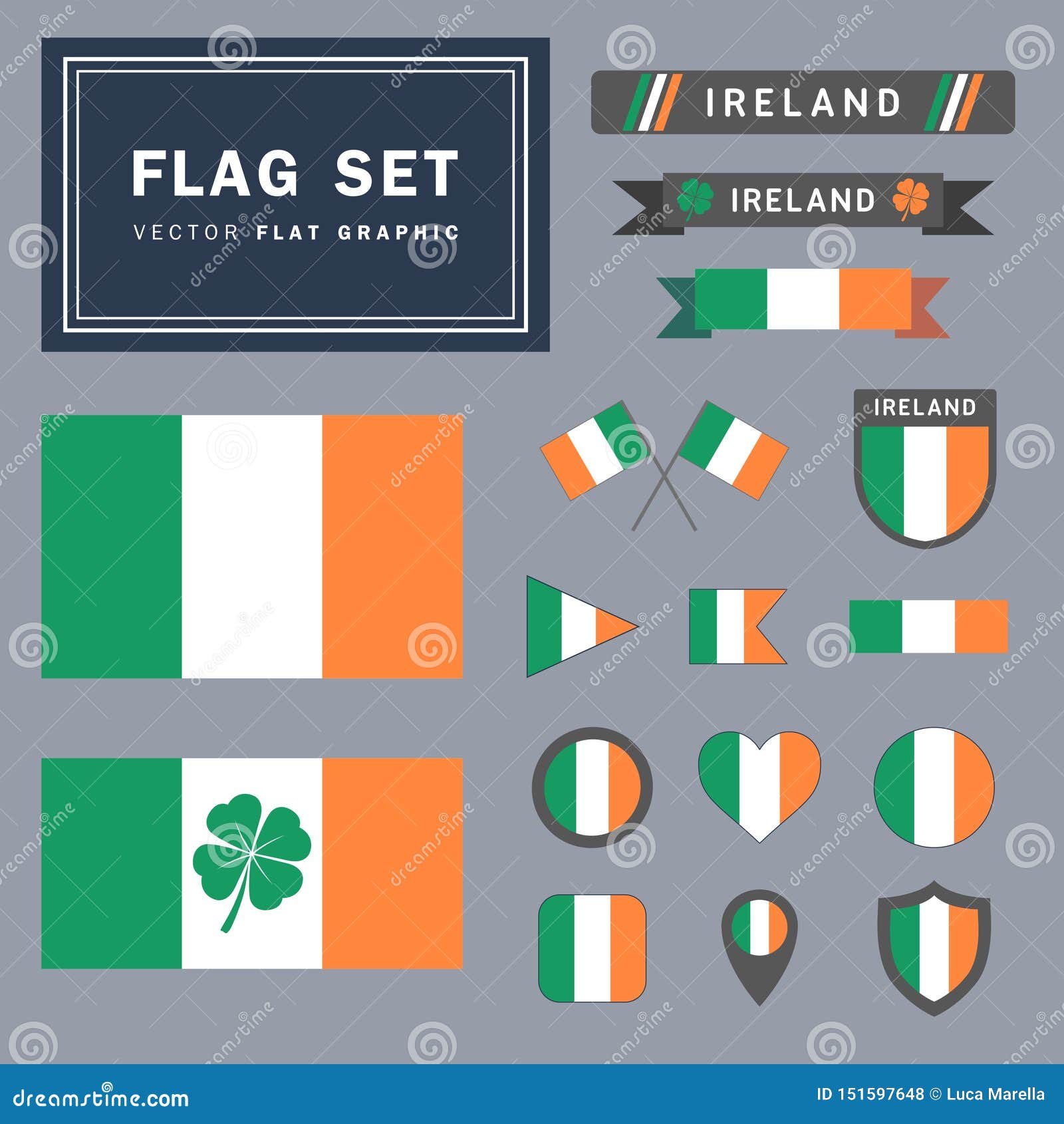 Vector Set of 16 Different Ireland Flag Related Illustrations Stock ...