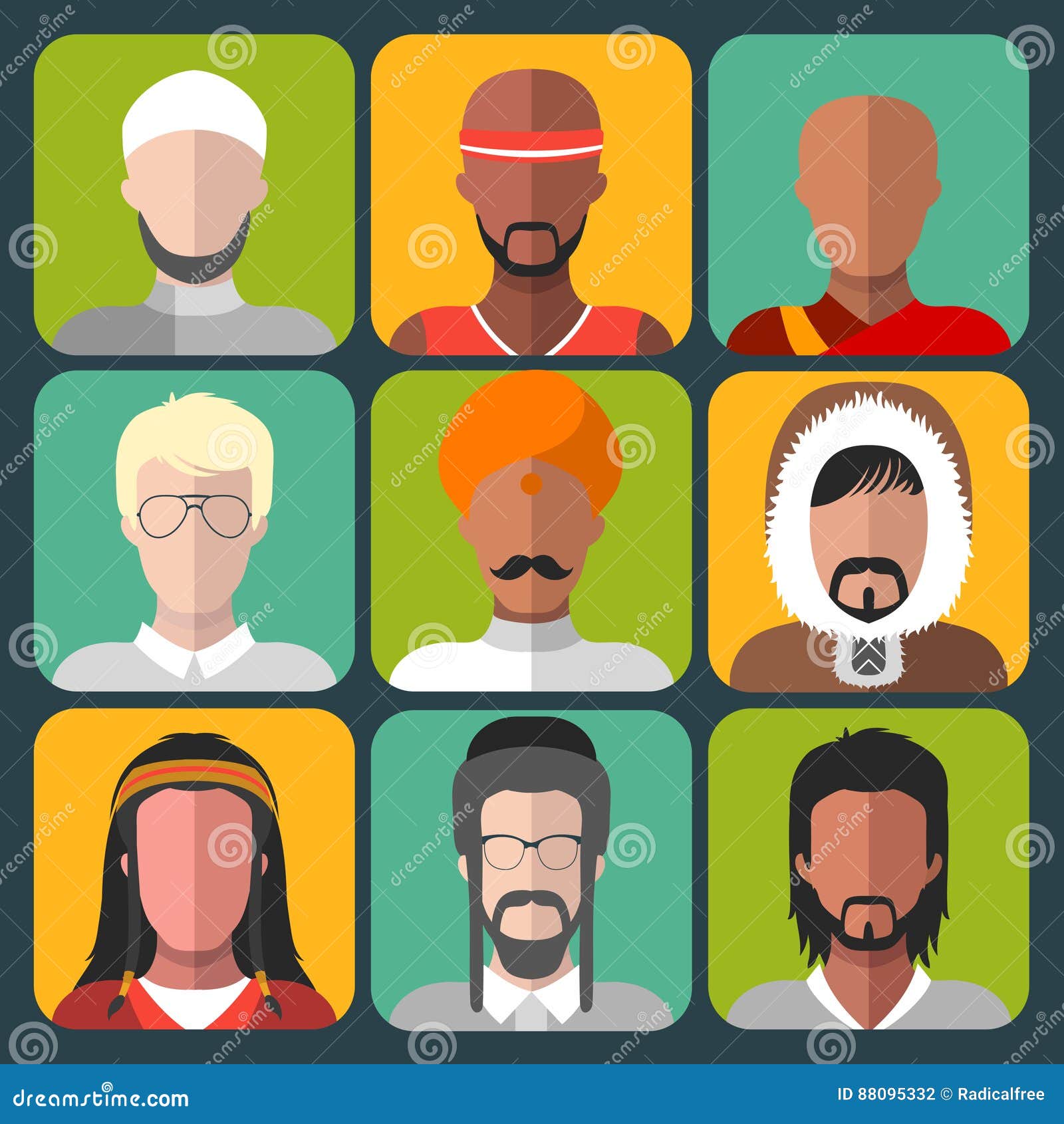 Vector Set of Different Nationality Man Icons in Trendy Flat Style ...