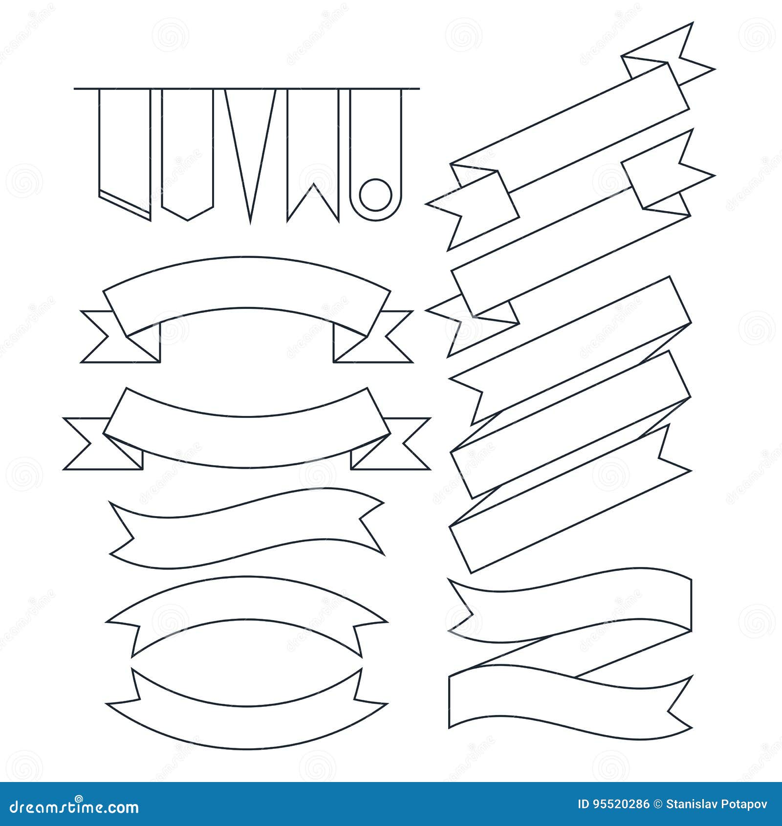 Vector Set of Different Shaped Ribbons Banners Flat Line Style Stock ...