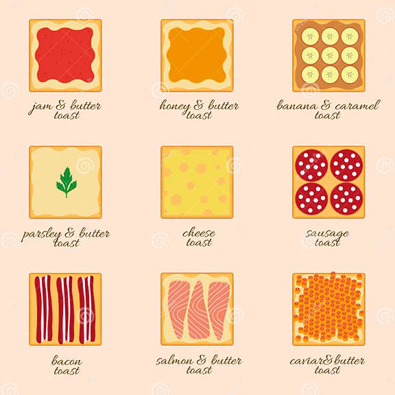 Vector Set of Different Types of Toast Stock Vector - Illustration of ...