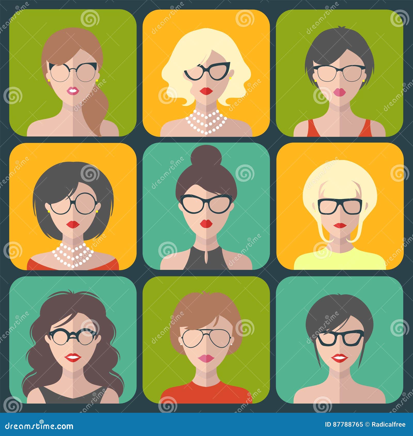 Vector Set of Different Women App Icons in Glasses in Flat Style. Stock ...