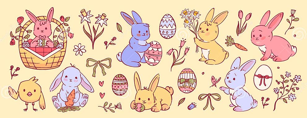 Vector Set of Easter Cute Objects and Elements: Rabbits, Eggs, Flowers ... Vector Set of Easter Cute Objects and Elements: Rabbits, Eggs, Flowers ...