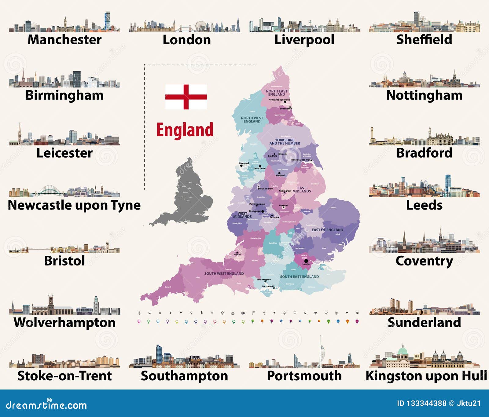 Vector Set of England Largest Cities Skylines. Map and Flag of England ...
