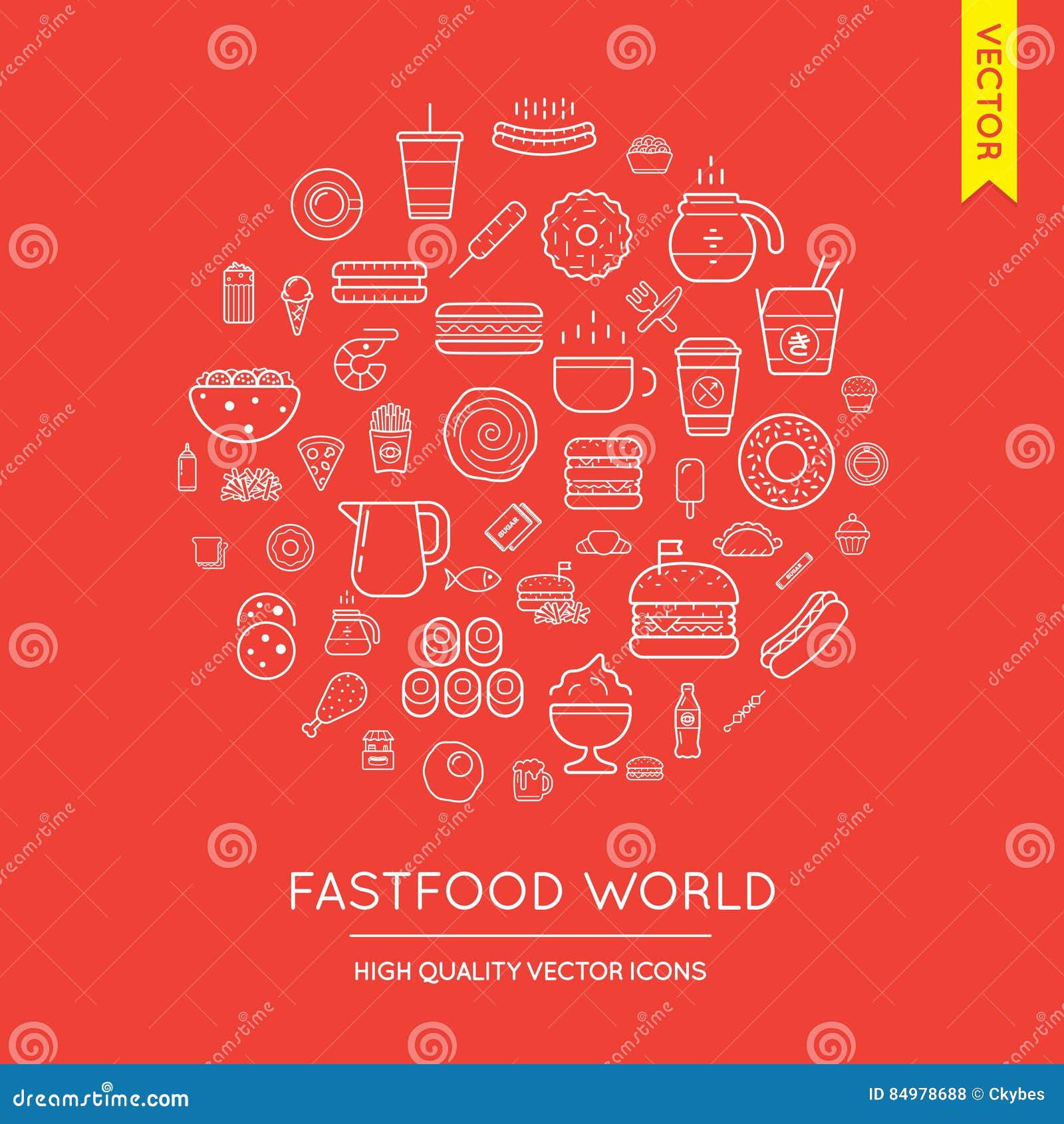 Vector Set of Fast Food Modern Flat Thin Icons Inscribed in Round Shape ...