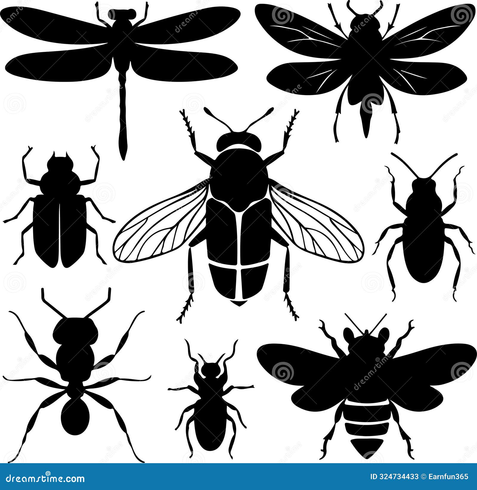 A Vector Set Featuring Insect Silhouettes in Various Poses, Ideal for ...