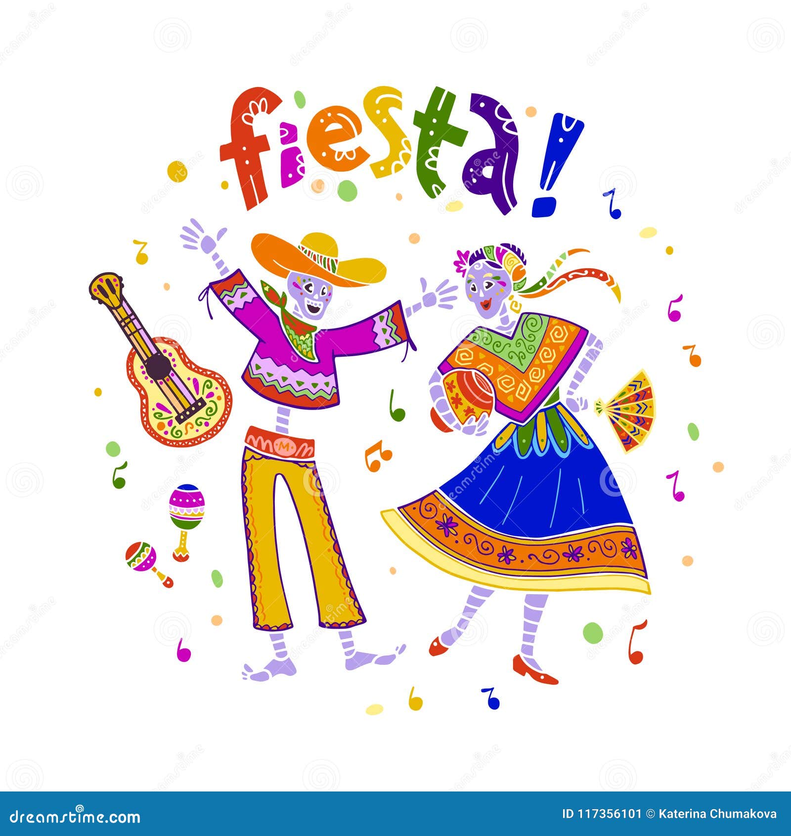 Vector Set of Fiesta Elements & Skeleton Characters in Flat Hand Drawn ...