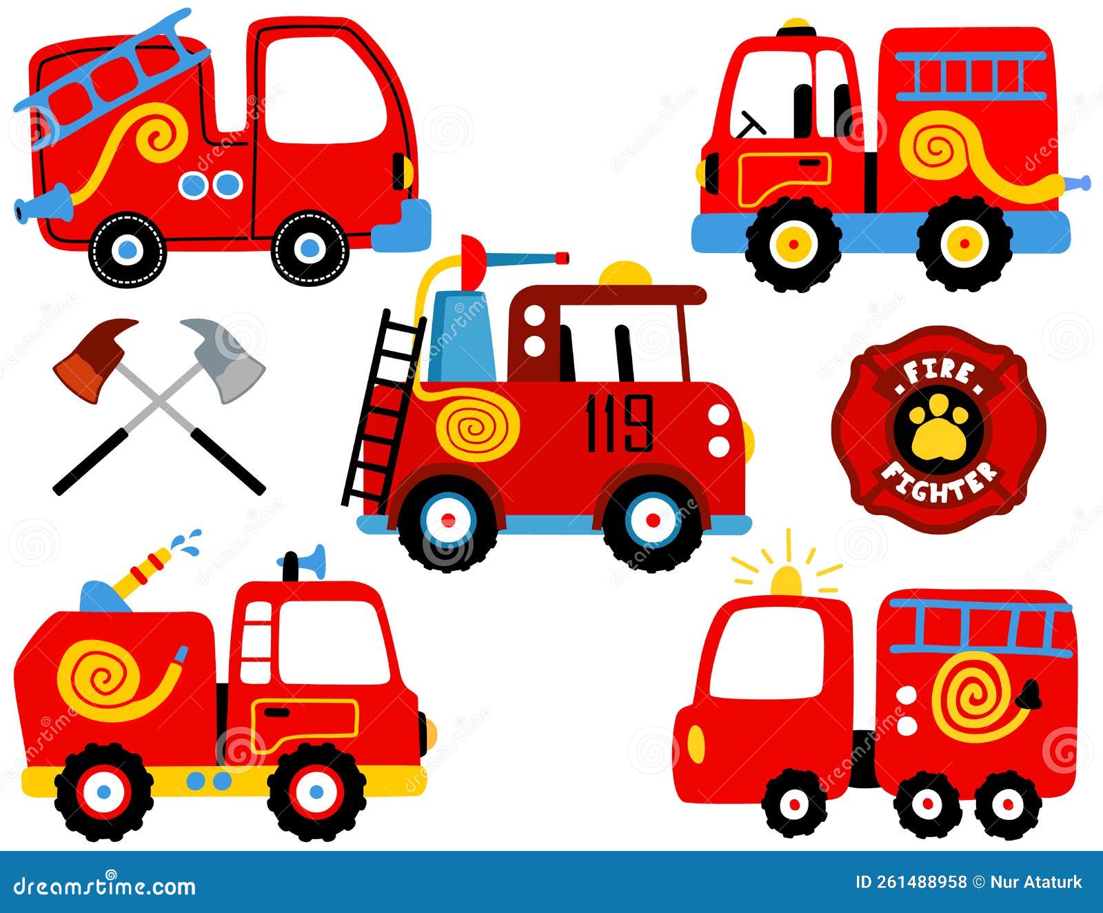 Vector Set of Fire Engine Cartoon with Fireman Tools Stock Vector ...