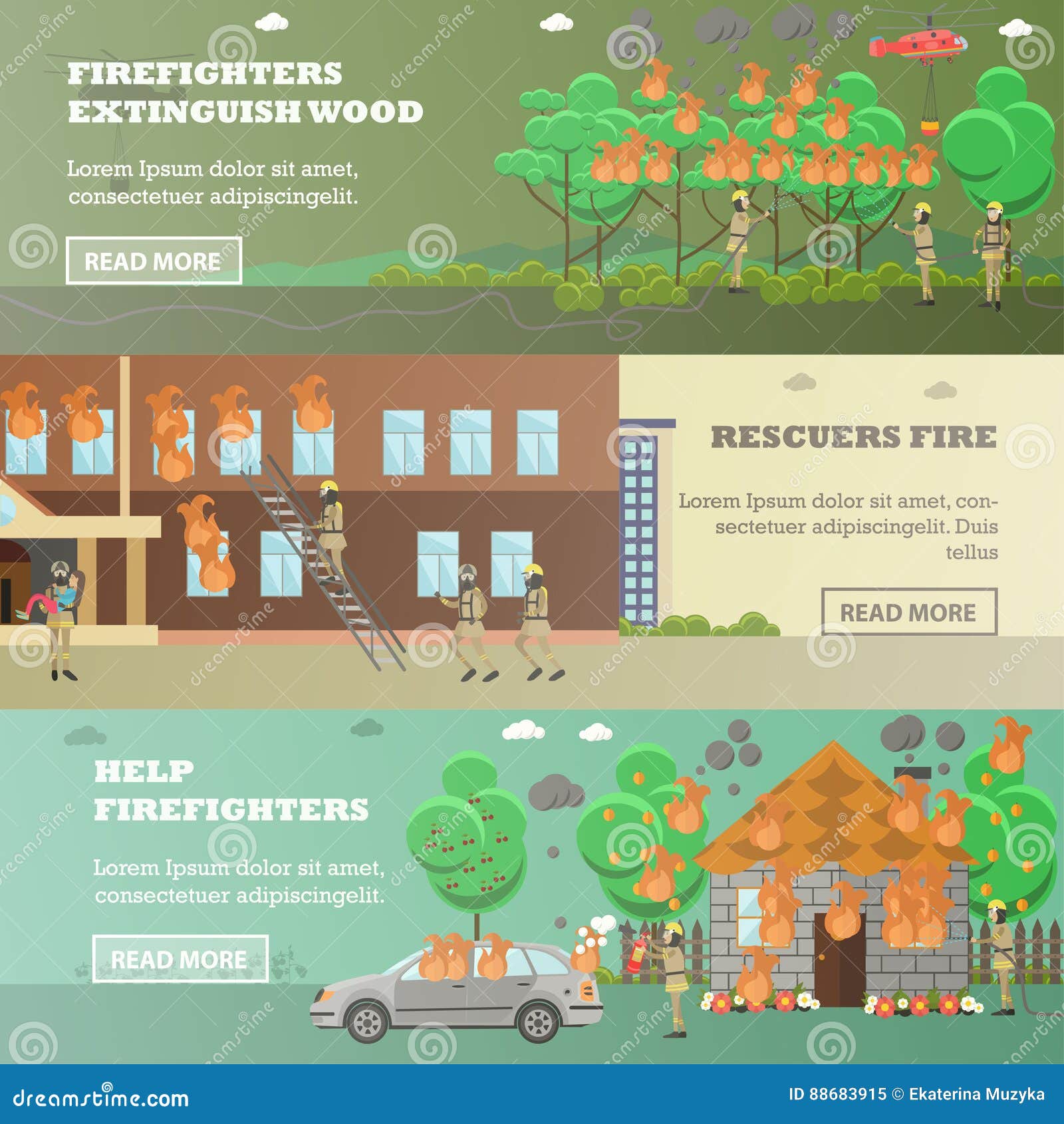 Vector Set of Fire Horizontal Banners in Flat Style Stock Vector ...