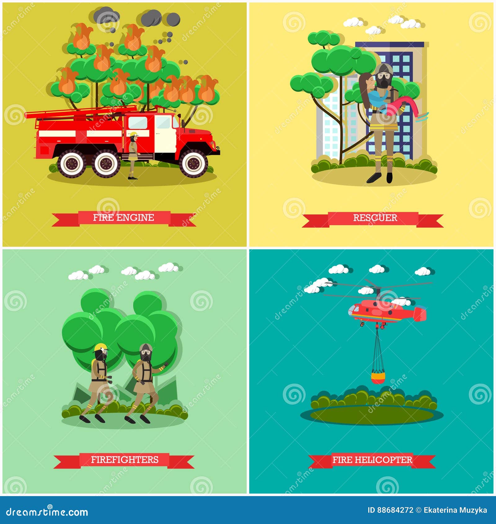 Vector Set of Fire Posters in Flat Style. Stock Vector - Illustration ...