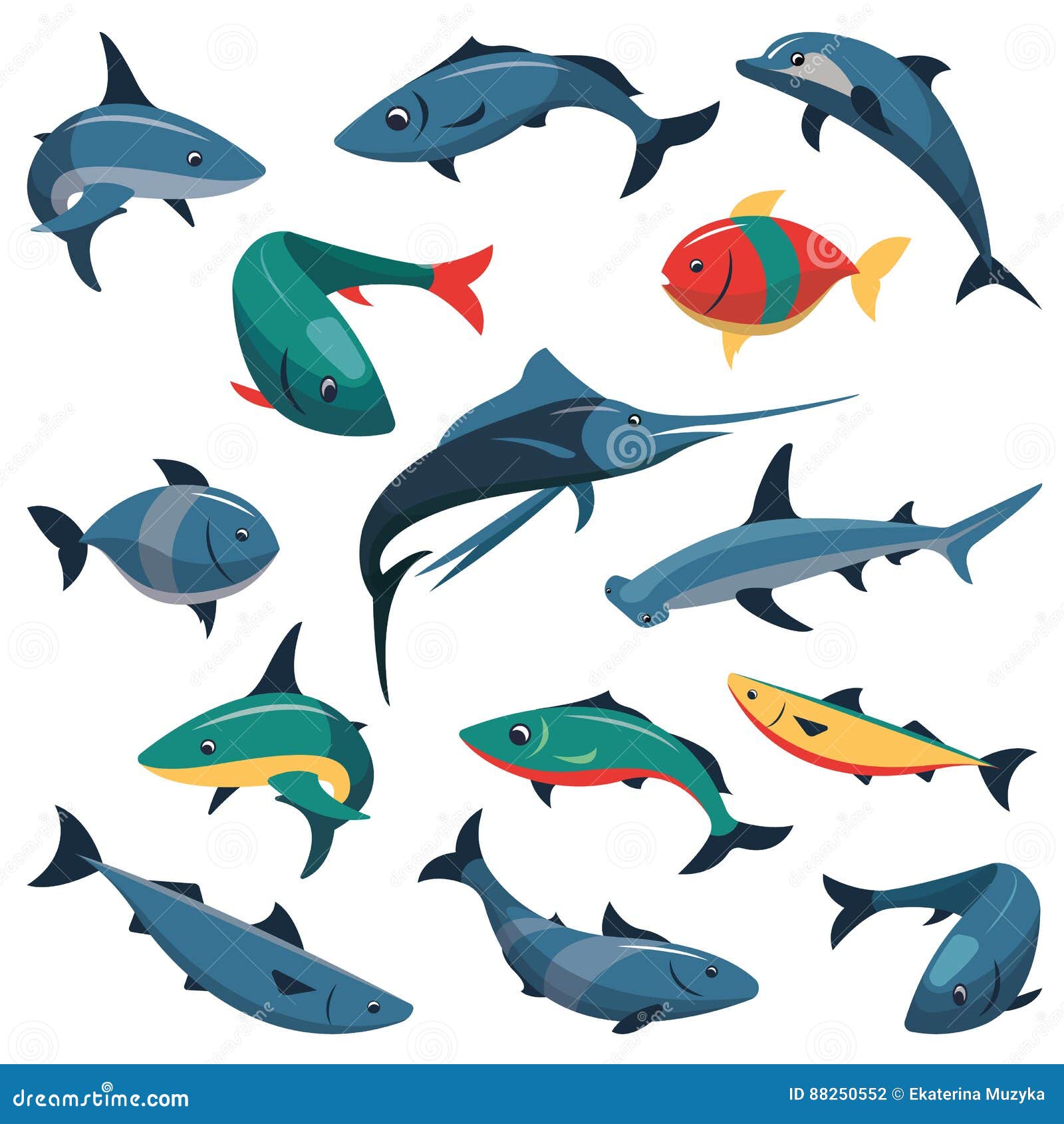 Vector Set of Fish Icons in Flat Style Stock Vector - Illustration of ...