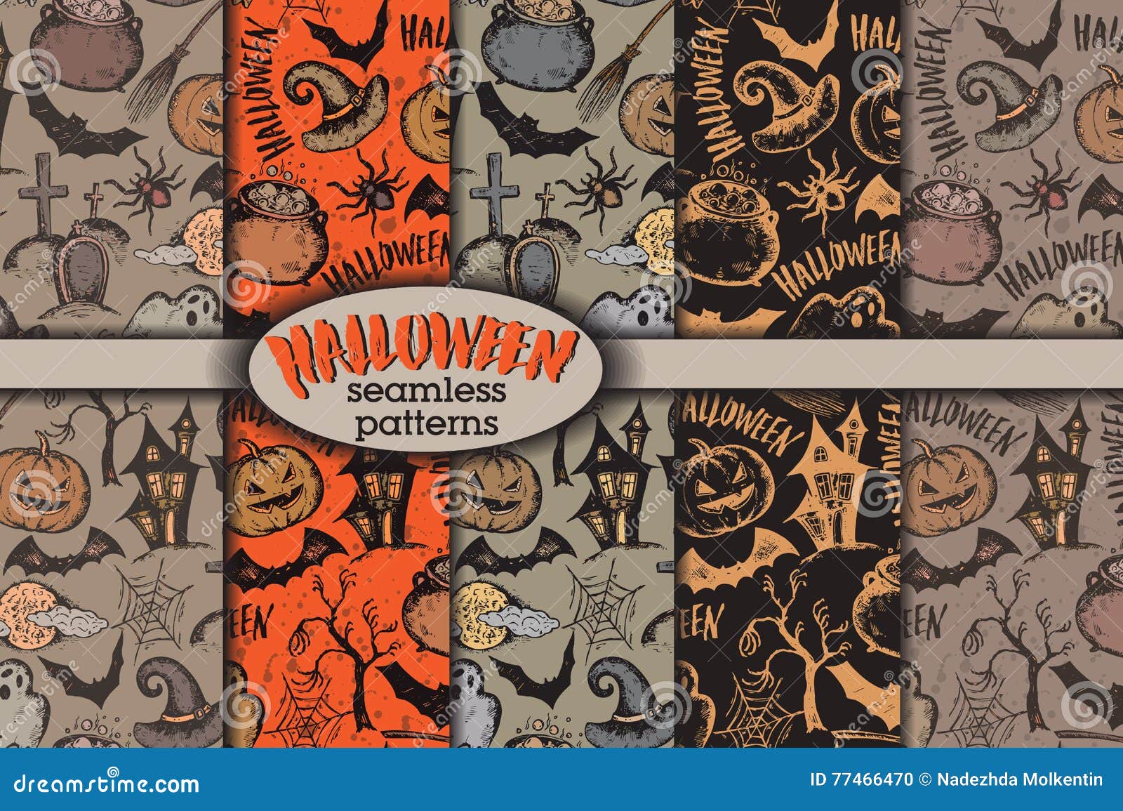 Vector Set of Five Seamless Patterns with Sketch Halloween Characters ...