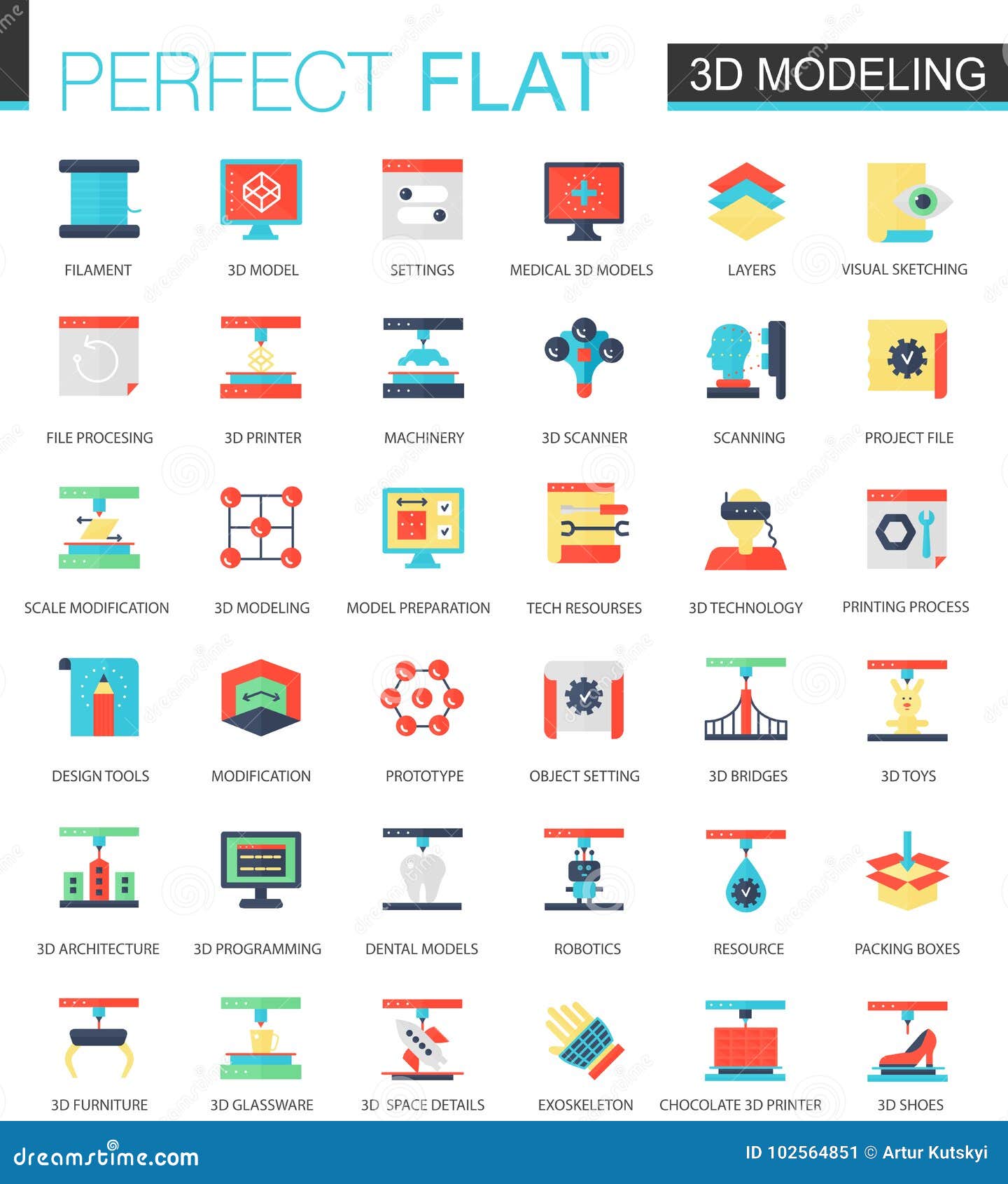 Vector Set of Flat 3d Printing and Modeling Icons. Stock Vector ...