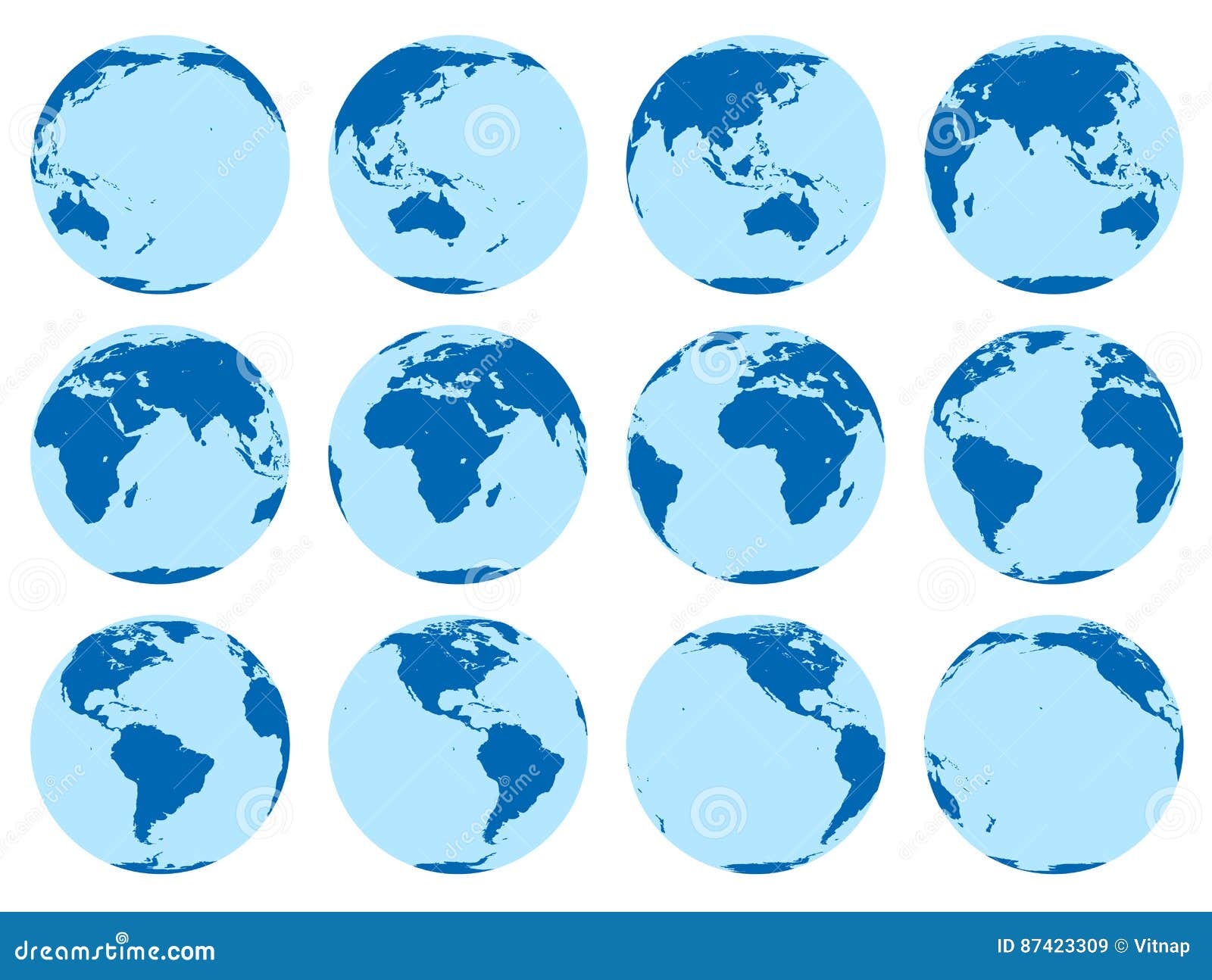 Vector Set of 12 Flat Globes Showing Earth in 30 Degrees Rotation ...