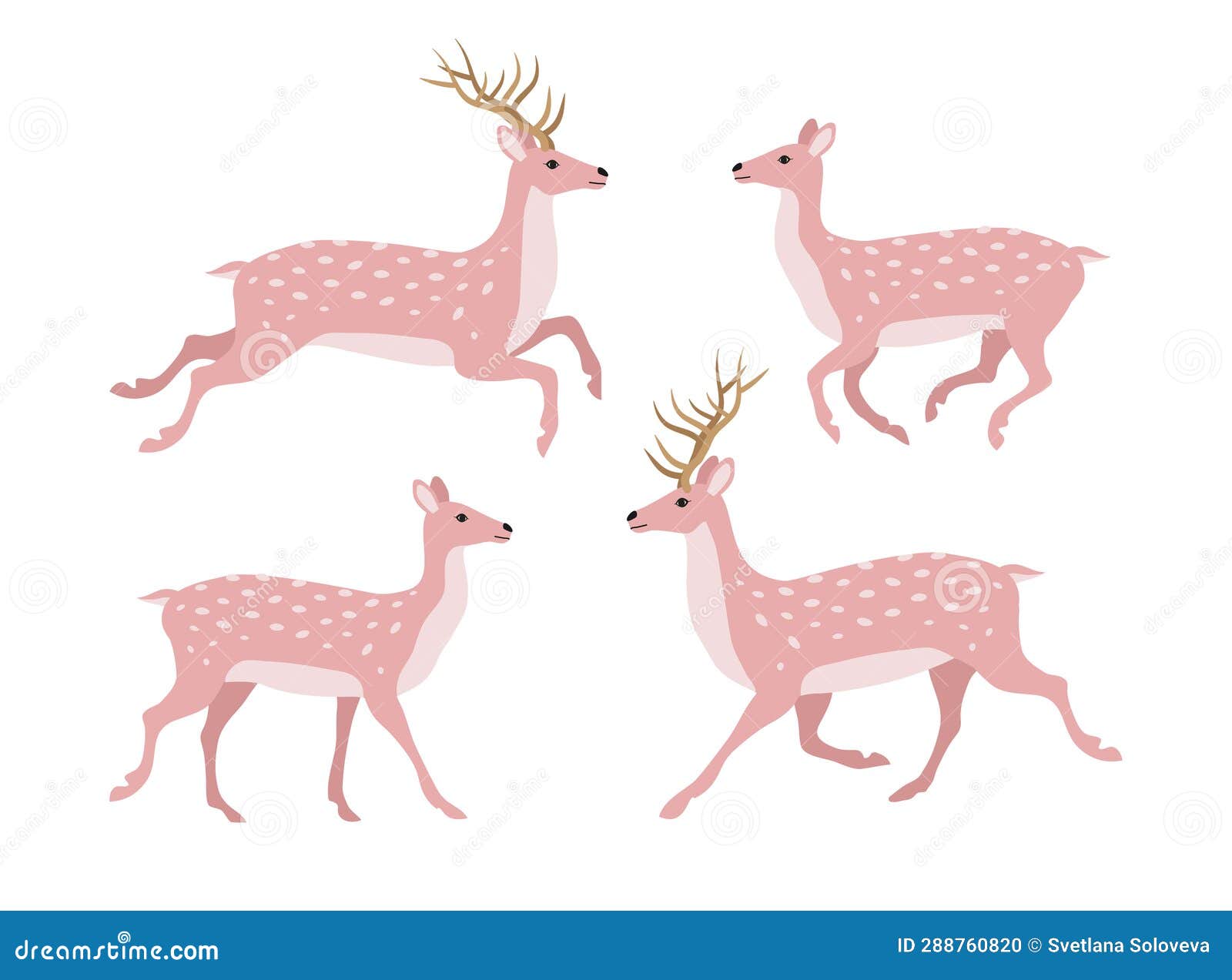 Vector Set of Flat Hand Drawn Pink Deer Stock Illustration ...