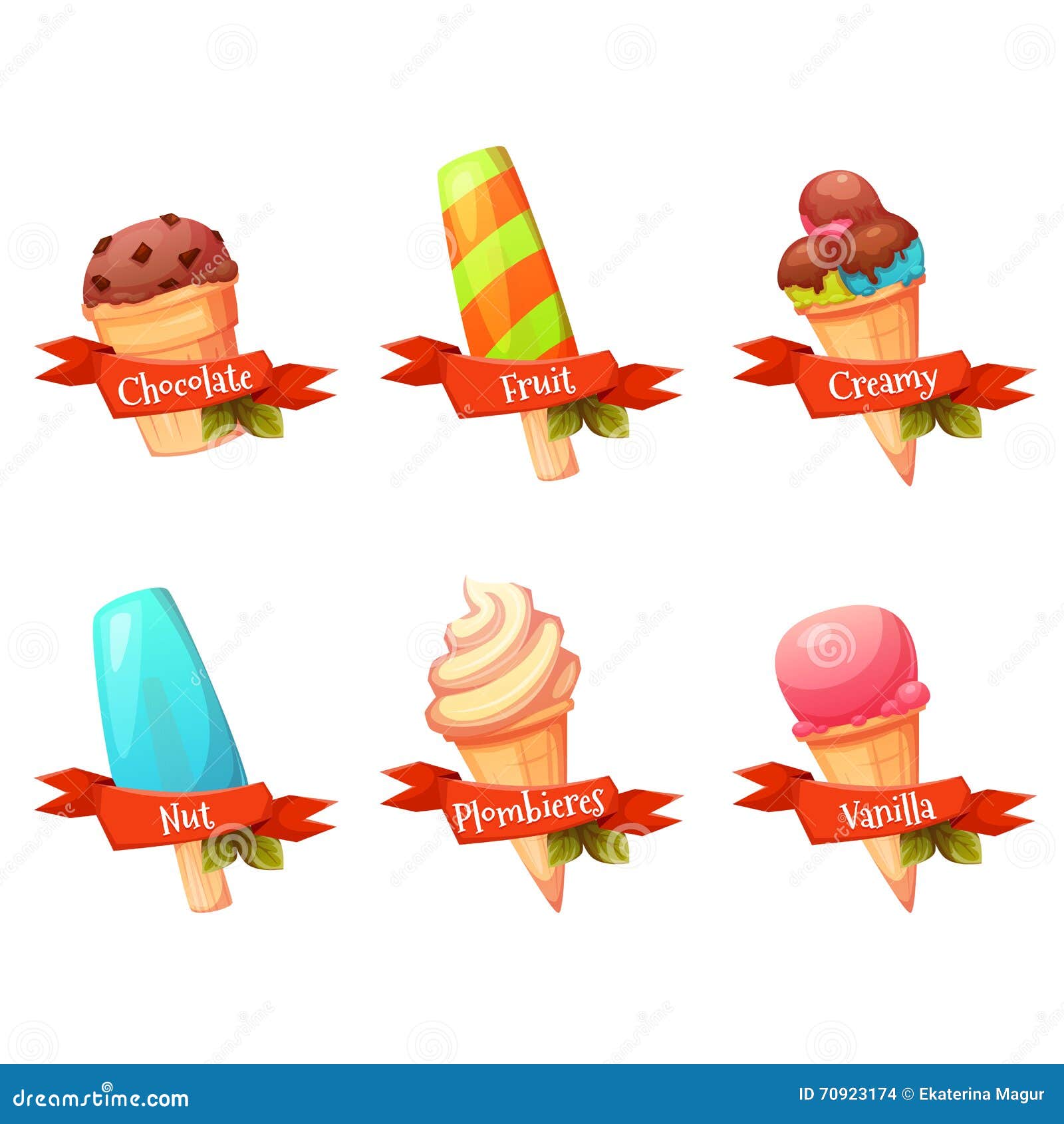 Vector Set of Flat Ice Creams Icons with Ribbons and Text. Flavour ...