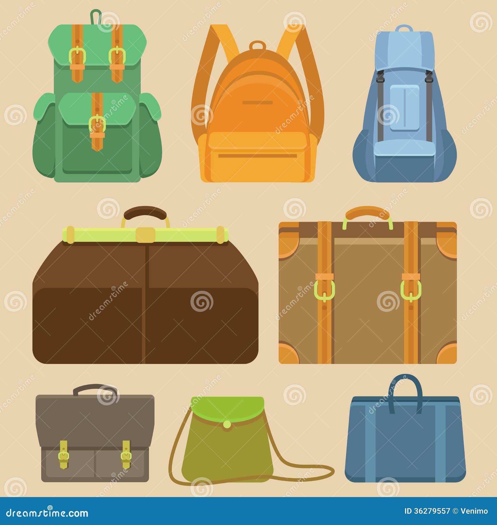 Vector Set of Flat Icons - Bags and Backpacks Stock Vector - Illustration of hotel, portfolio ...