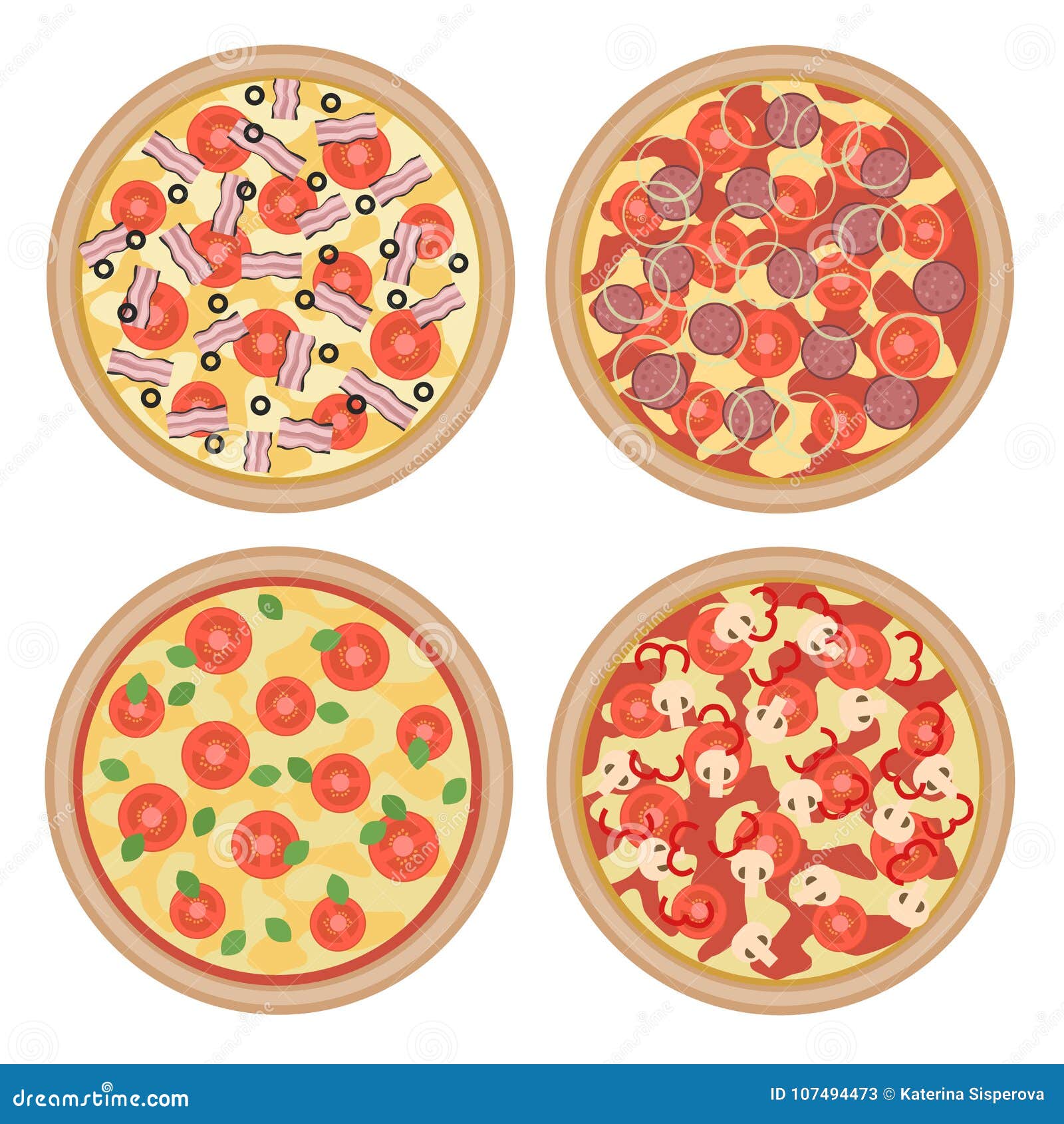 Pizzas With Different Toppings. Vector Illustration. Cartoon Stylized ...