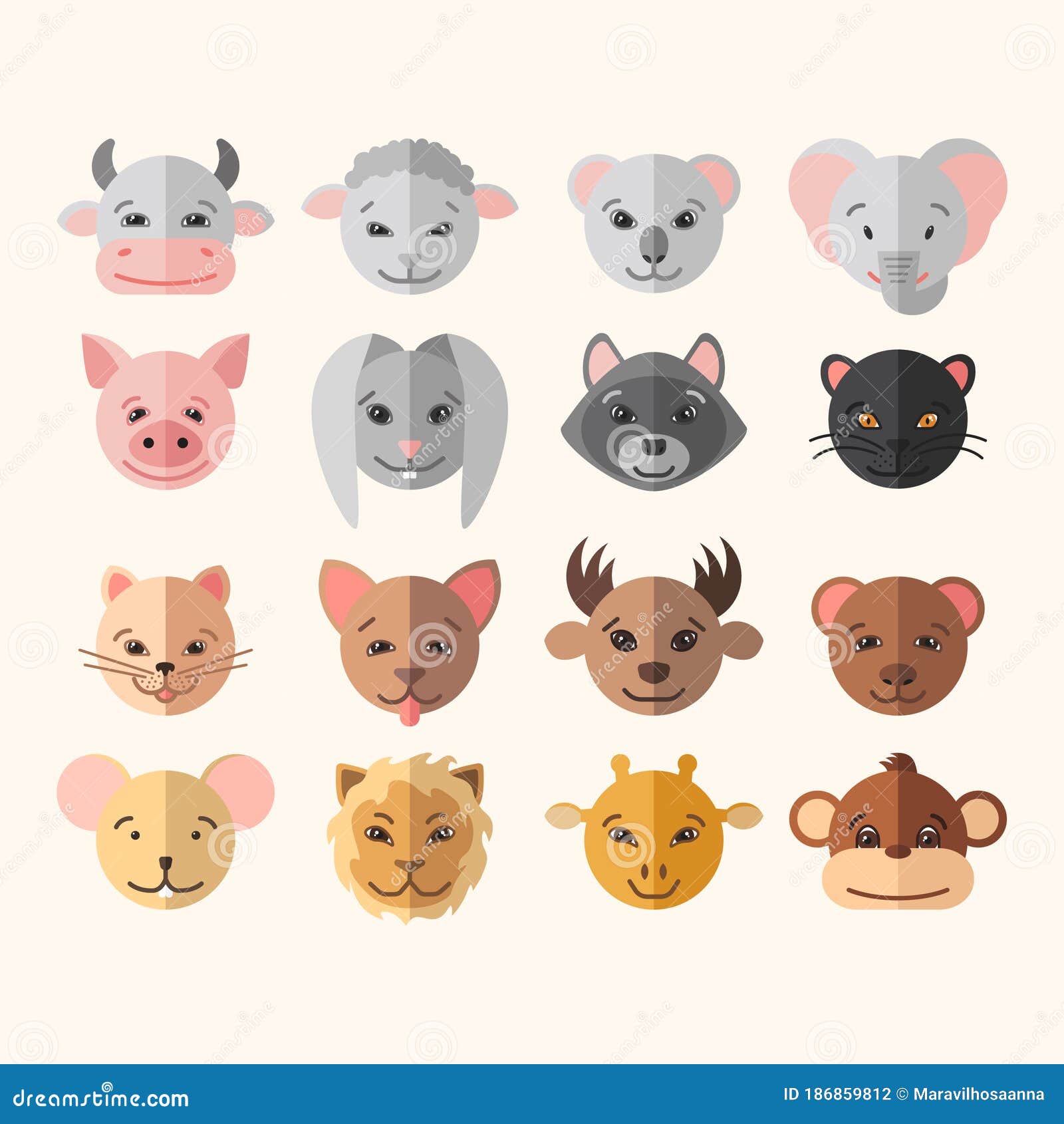 Vector Set of Flat Round Animal Icons Stock Vector - Illustration of ...