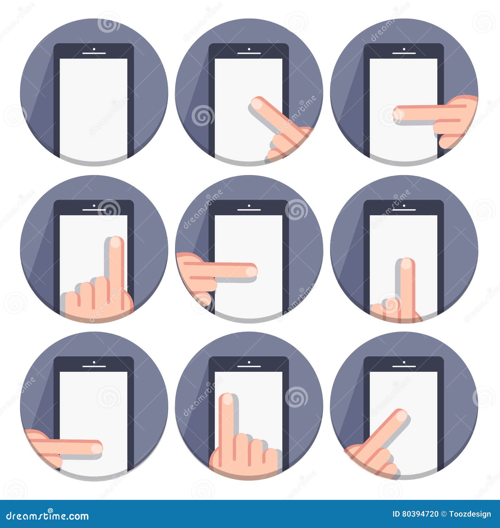 Vector Set Flat Round Icons with a Finger and a Mobile Device with ...