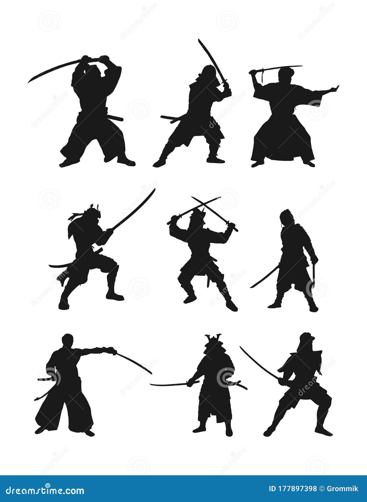 Vector Set of Flat Samurai Silhouettes Isolated on a White Background ...