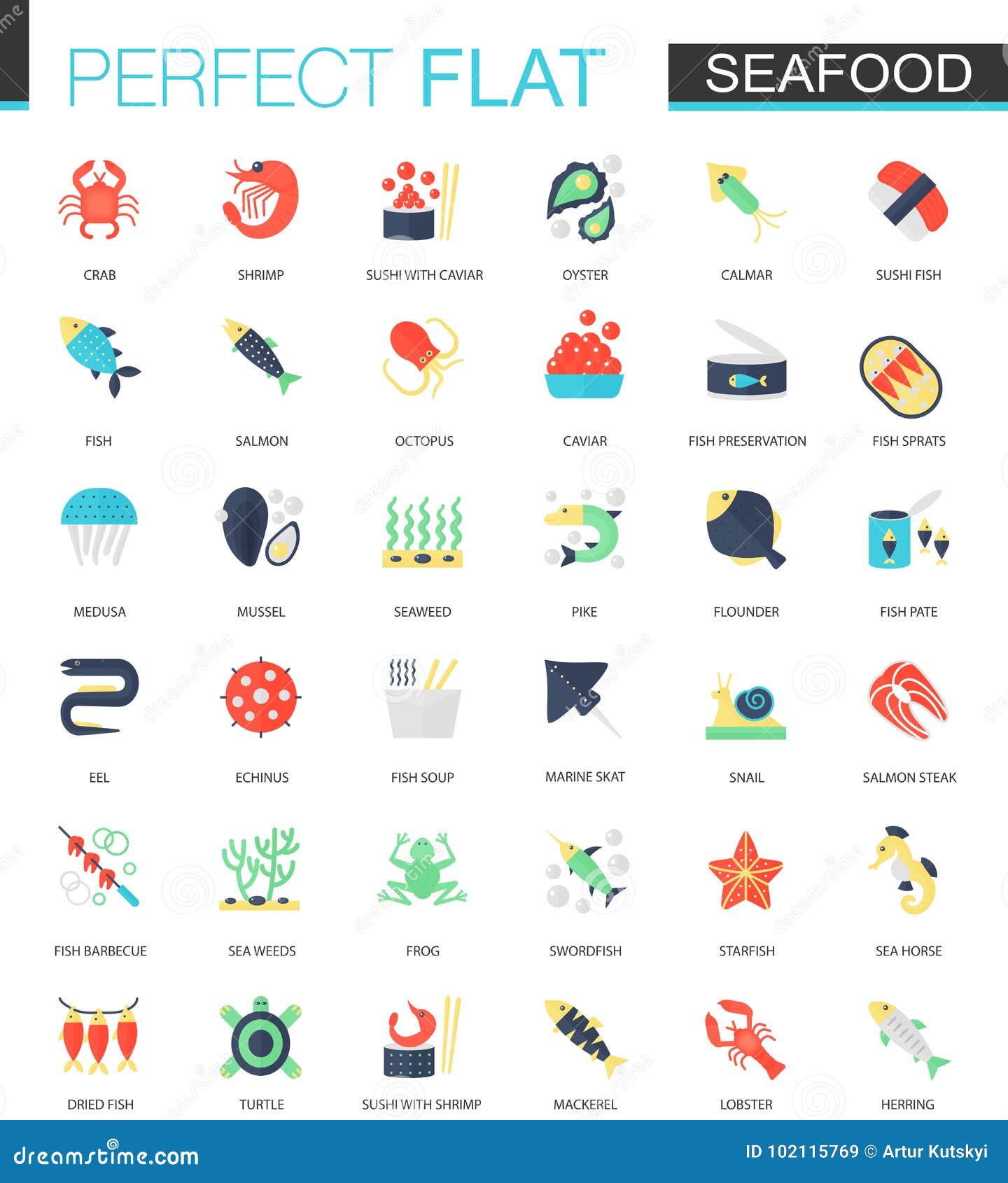 Vector Set of Flat Seafood Icons. Stock Vector - Illustration of emblem ...